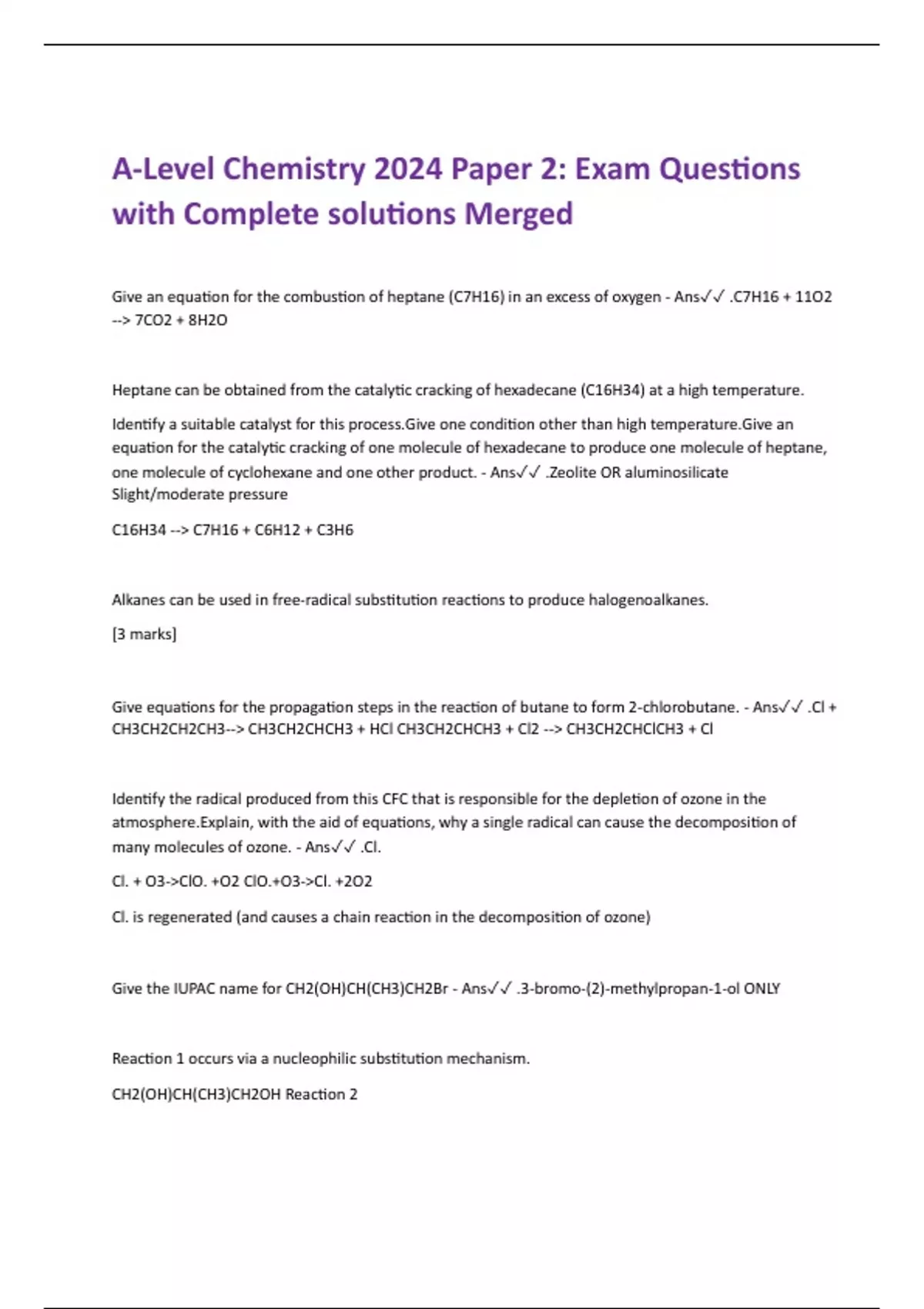 A-Level Chemistry 2024 Paper 2: Exam Questions with Complete solutions ...