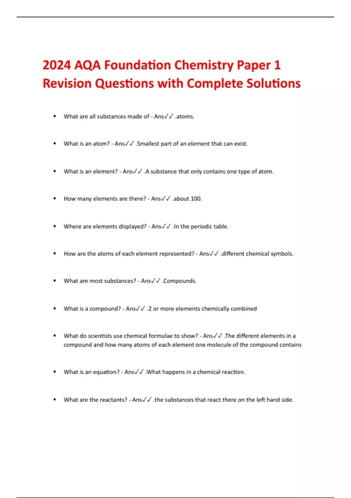 2024 AQA Foundation Chemistry Paper 1 Revision Questions with Complete ...