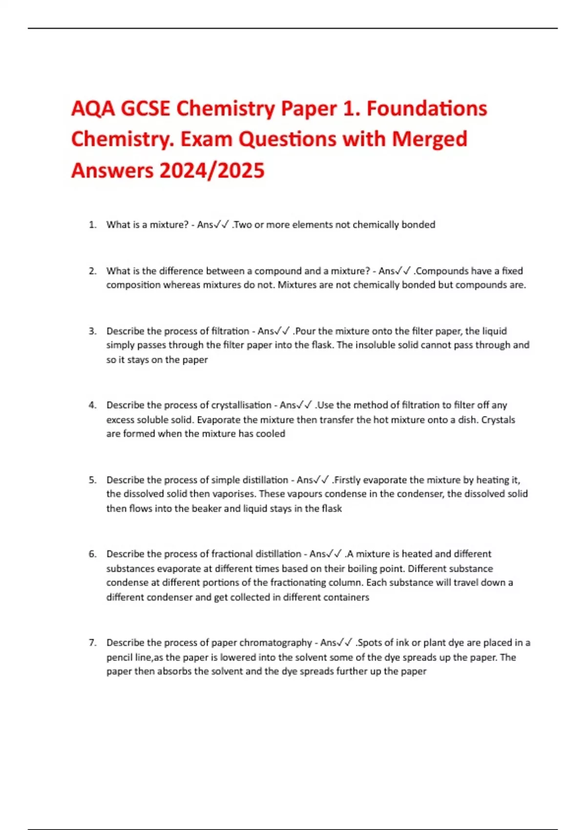 AQA GCSE Chemistry Paper 1. Foundations Chemistry. Exam Questions with ...