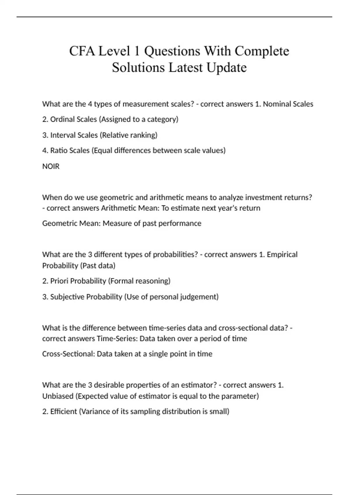 Cfa Level 1 Questions With Complete Solutions Latest Update Cfa Stuvia Us