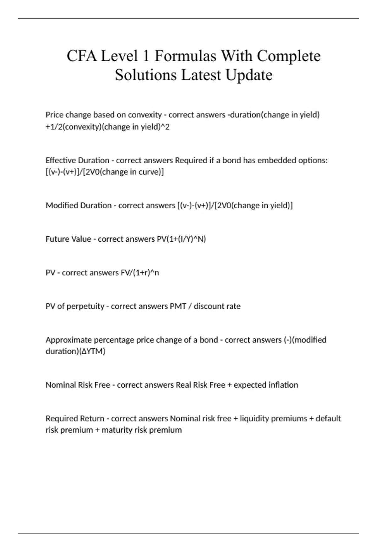 CFA Level 1 Formulas With Complete Solutions Latest Update - Cfa ...