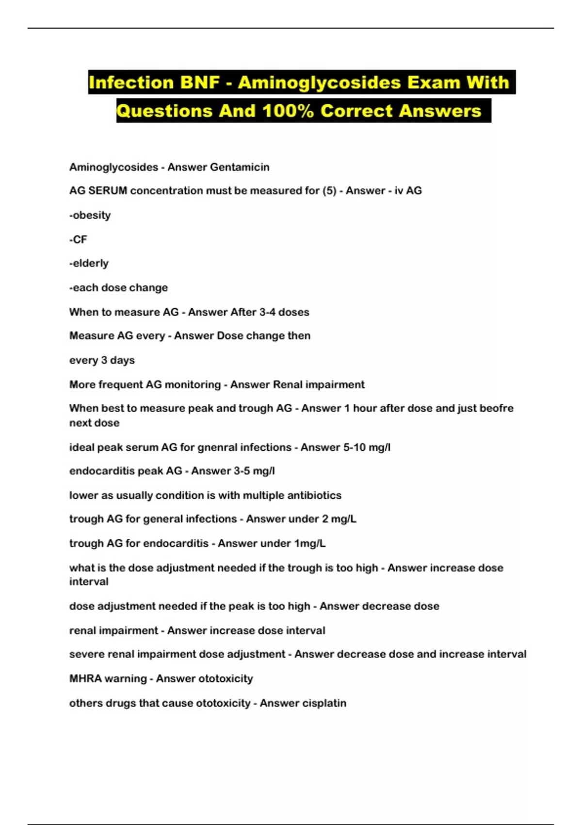 Infection BNF - Aminoglycosides Exam With Questions And 100% Correct ...