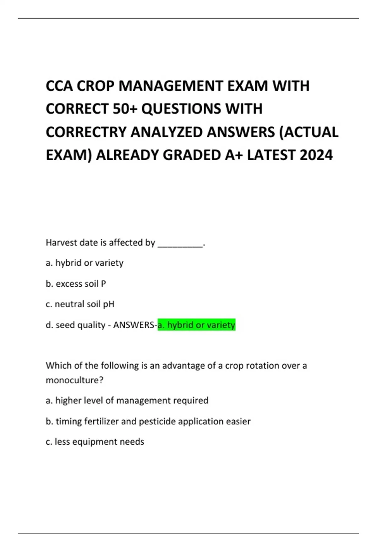 CCA CROP MANAGEMENT EXAM WITH CORRECT 50+ QUESTIONS WITH CORRECTRY ...