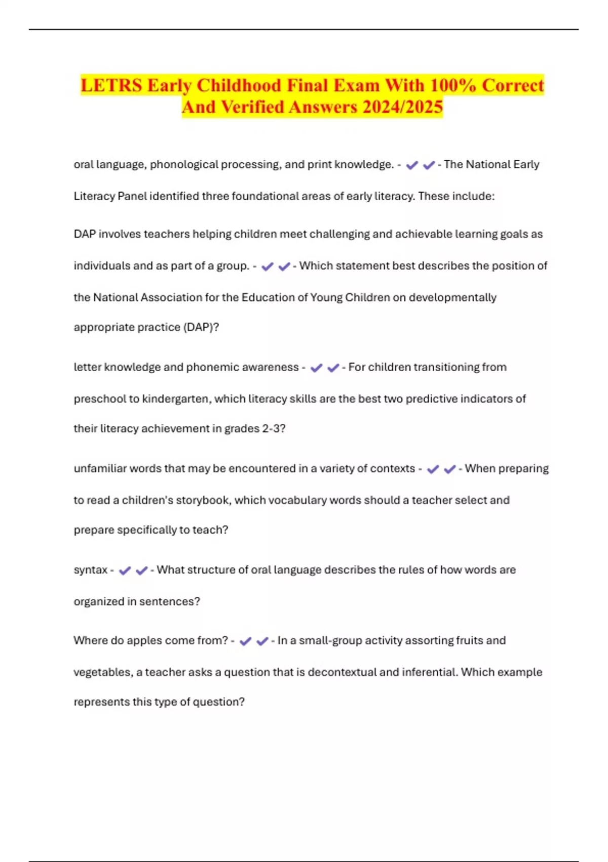 LETRS Early Childhood Final Exam With 100% Correct And Verified Answers ...