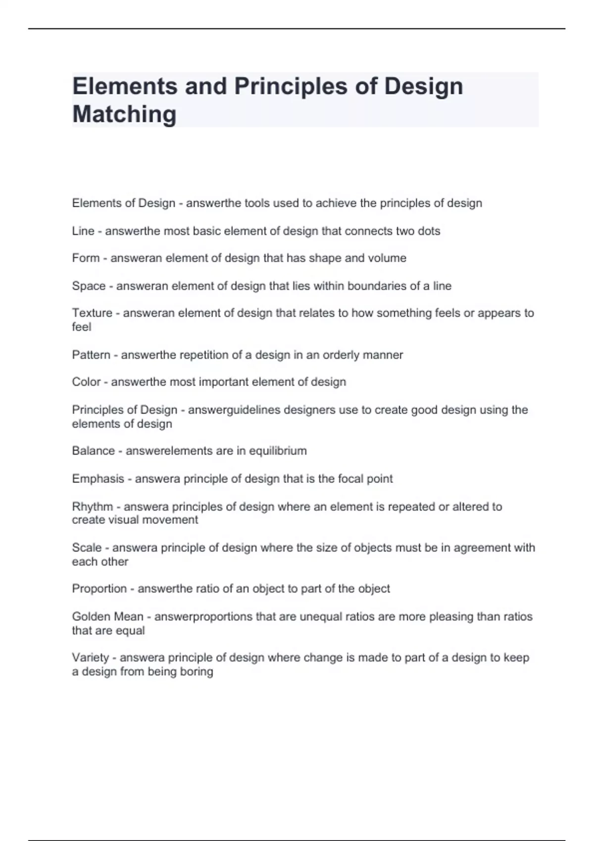 Elements and Principles of Design Matching Questions and Answers 100% ...