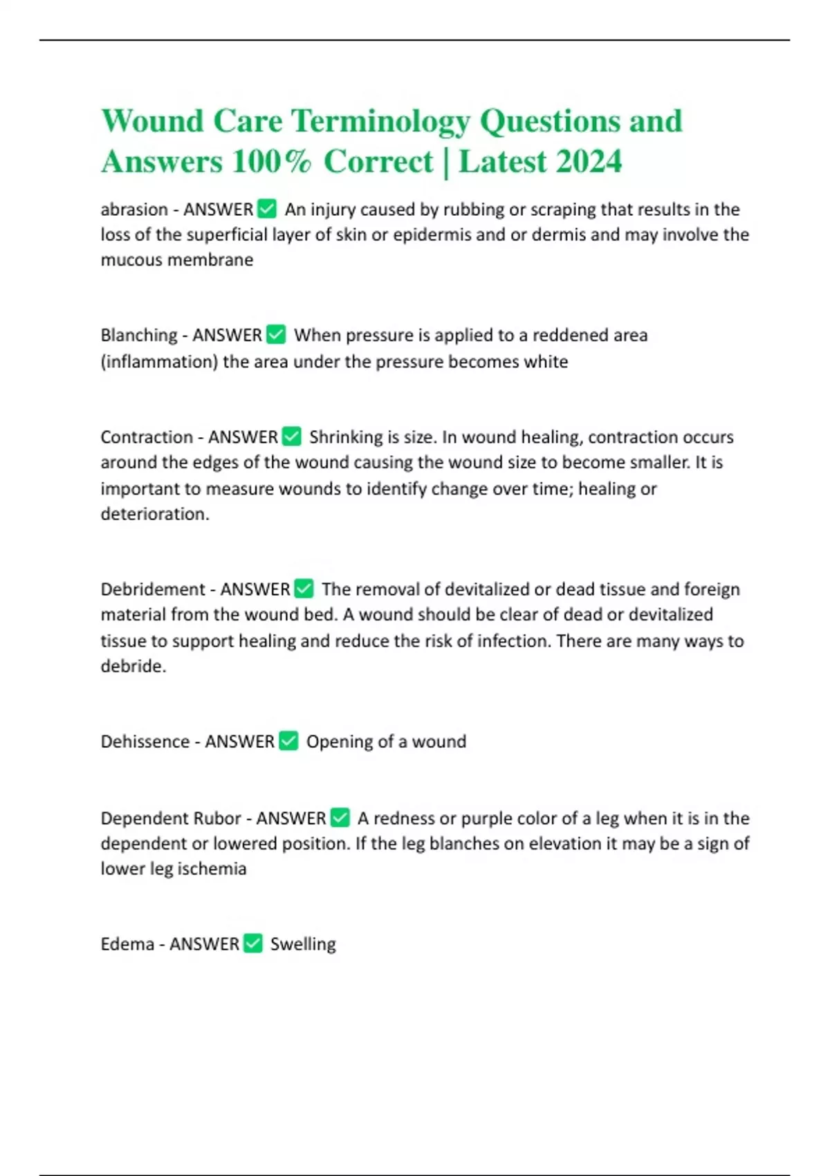 Wound Care Terminology Questions and Answers 100% Correct | Latest 2024 ...