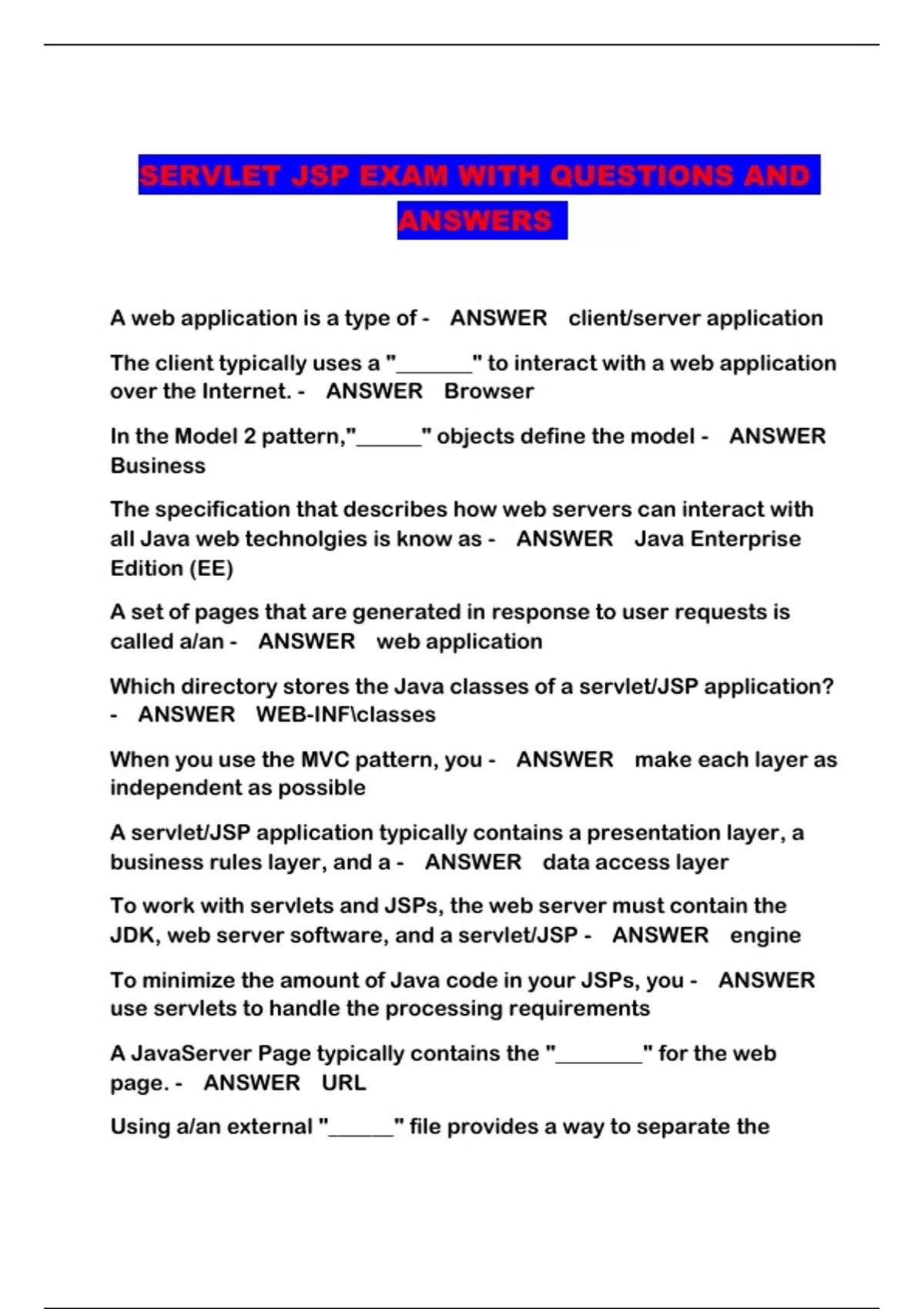 SERVLET JSP EXAM WITH QUESTIONS AND ANSWERS - SERVLET JSP - Stuvia US