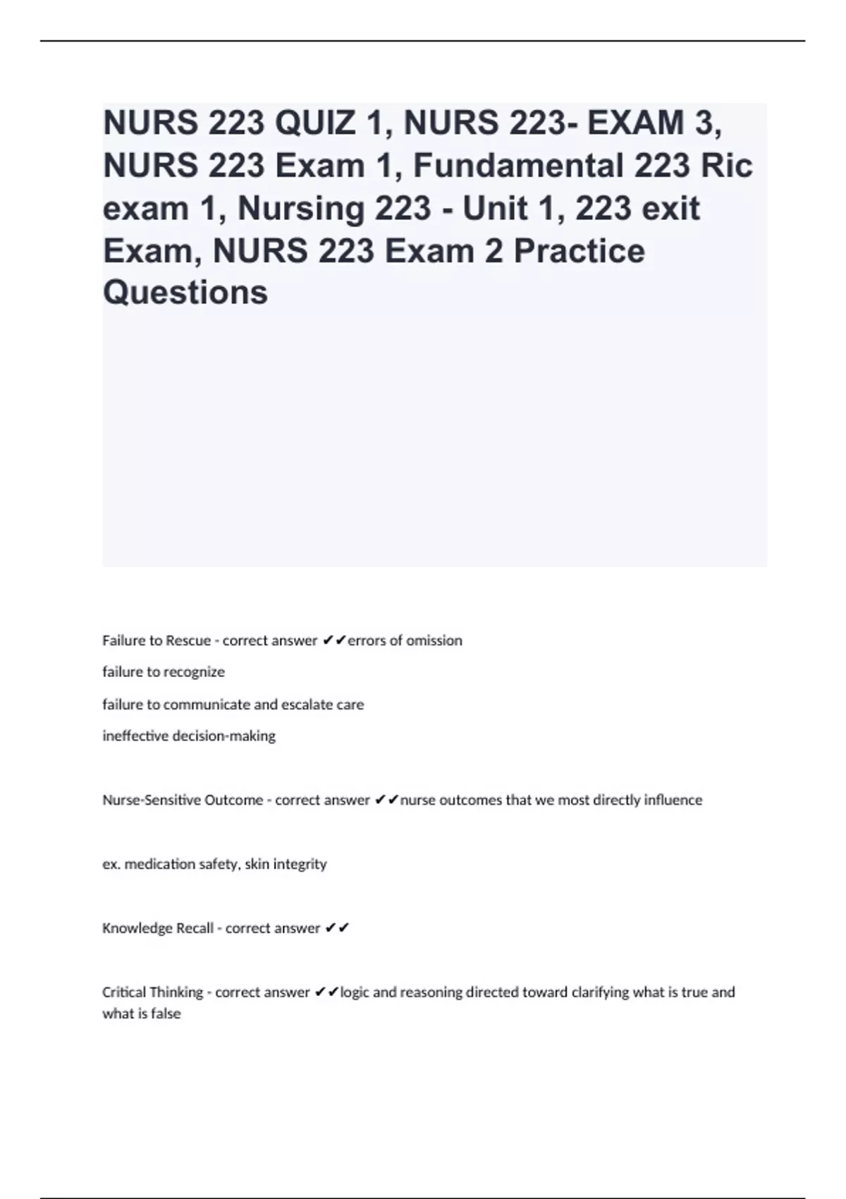 NURS 223 QUIZ 1, NURS 223- EXAM 3, NURS 223 Exam 1, Fundamental 223 Ric ...