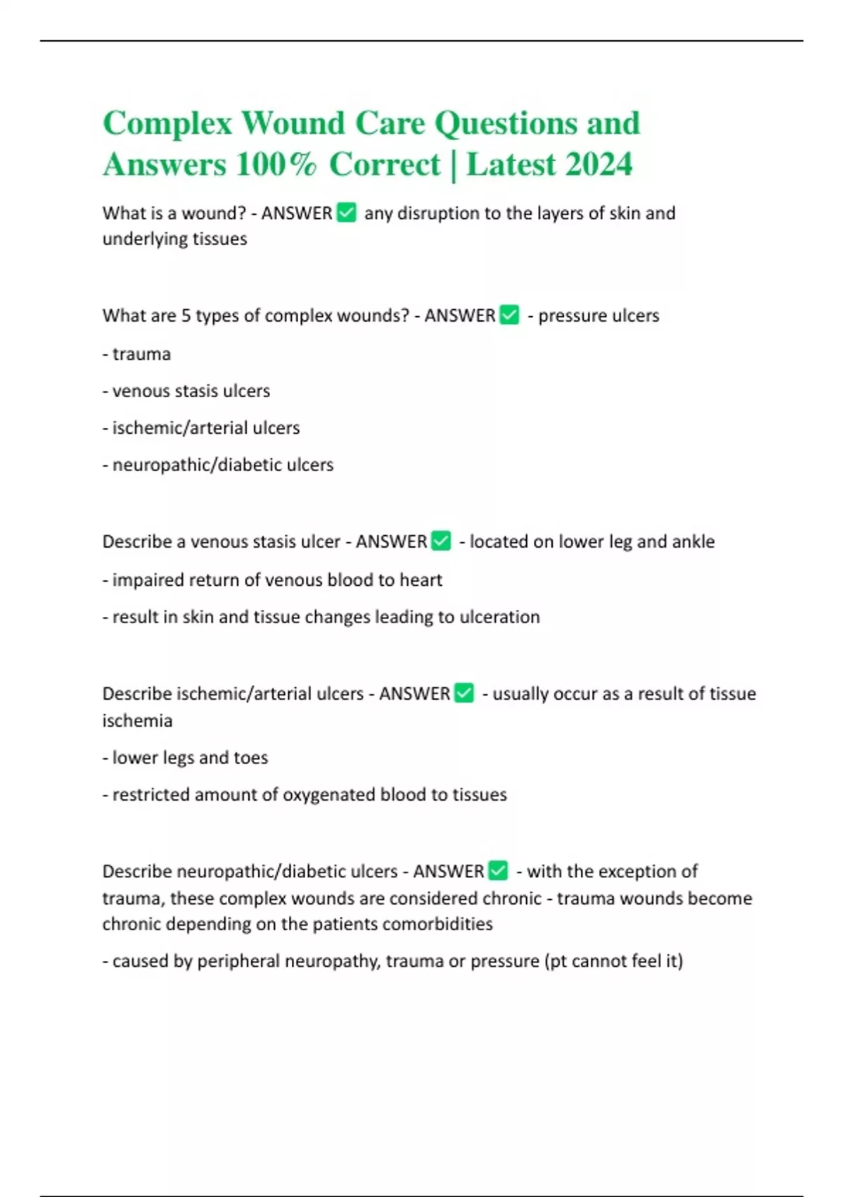 Complex Wound Care Questions and Answers 100% Correct | Latest 2024 ...