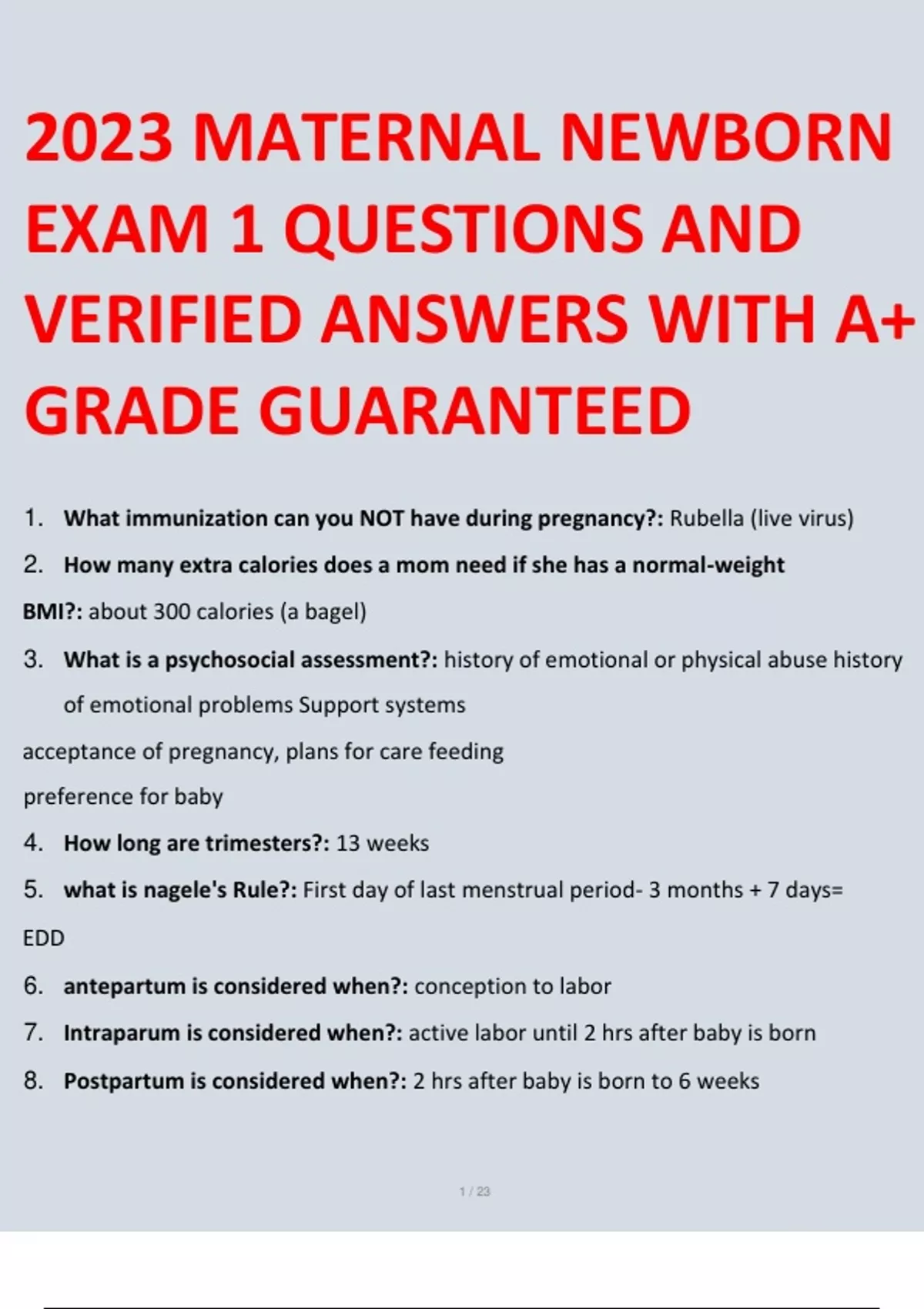 2023 MATERNAL NEWBORN EXAM 1 QUESTIONS AND VERIFIED ANSWERS WITH A+ ...