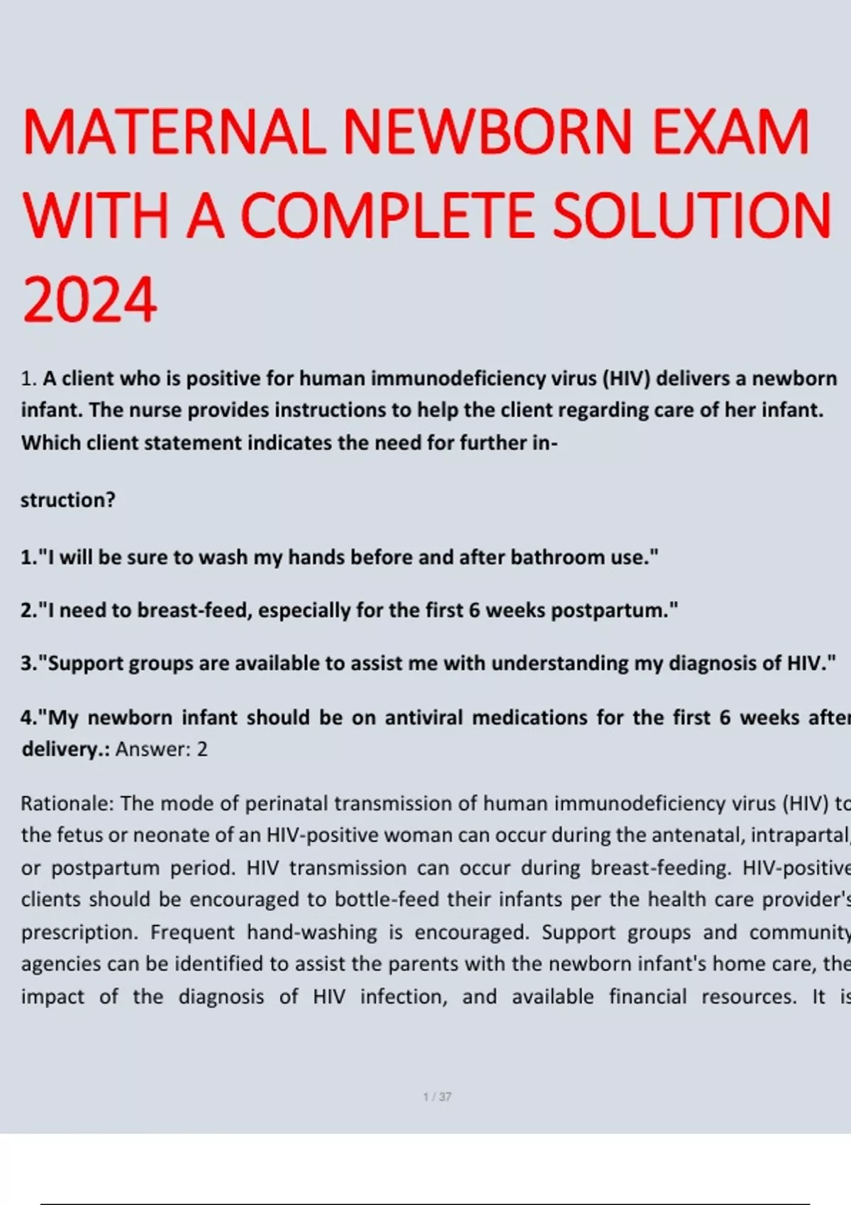 MATERNAL NEWBORN EXAM WITH A COMPLETE SOLUTION 2024 - Maternal newborn ...