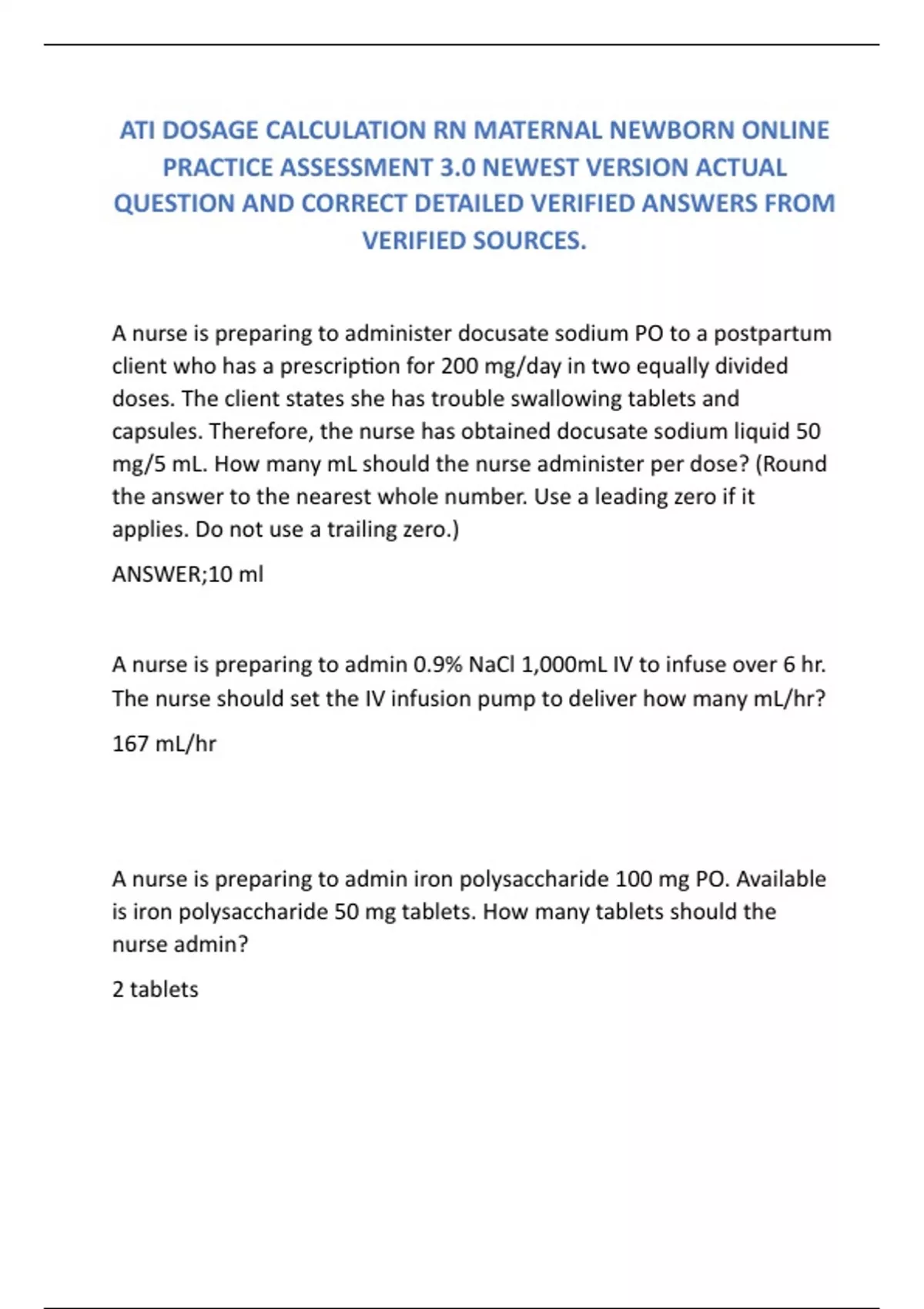 ATI DOSAGE CALCULATION RN MATERNAL NEWBORN ONLINE PRACTICE ASSESSMENT 3 ...