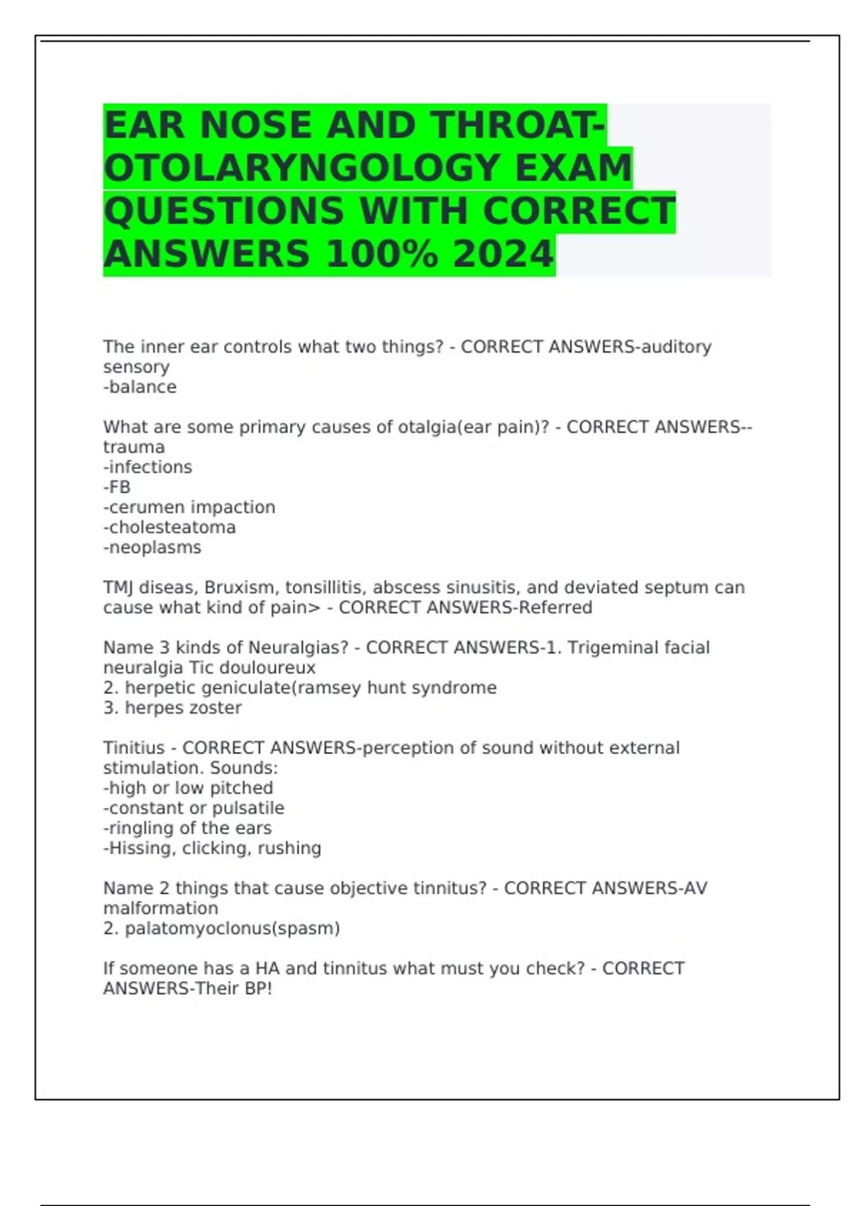 EAR NOSE AND THROAT-OTOLARYNGOLOGY EXAM QUESTIONS WITH CORRECT ANSWERS ...