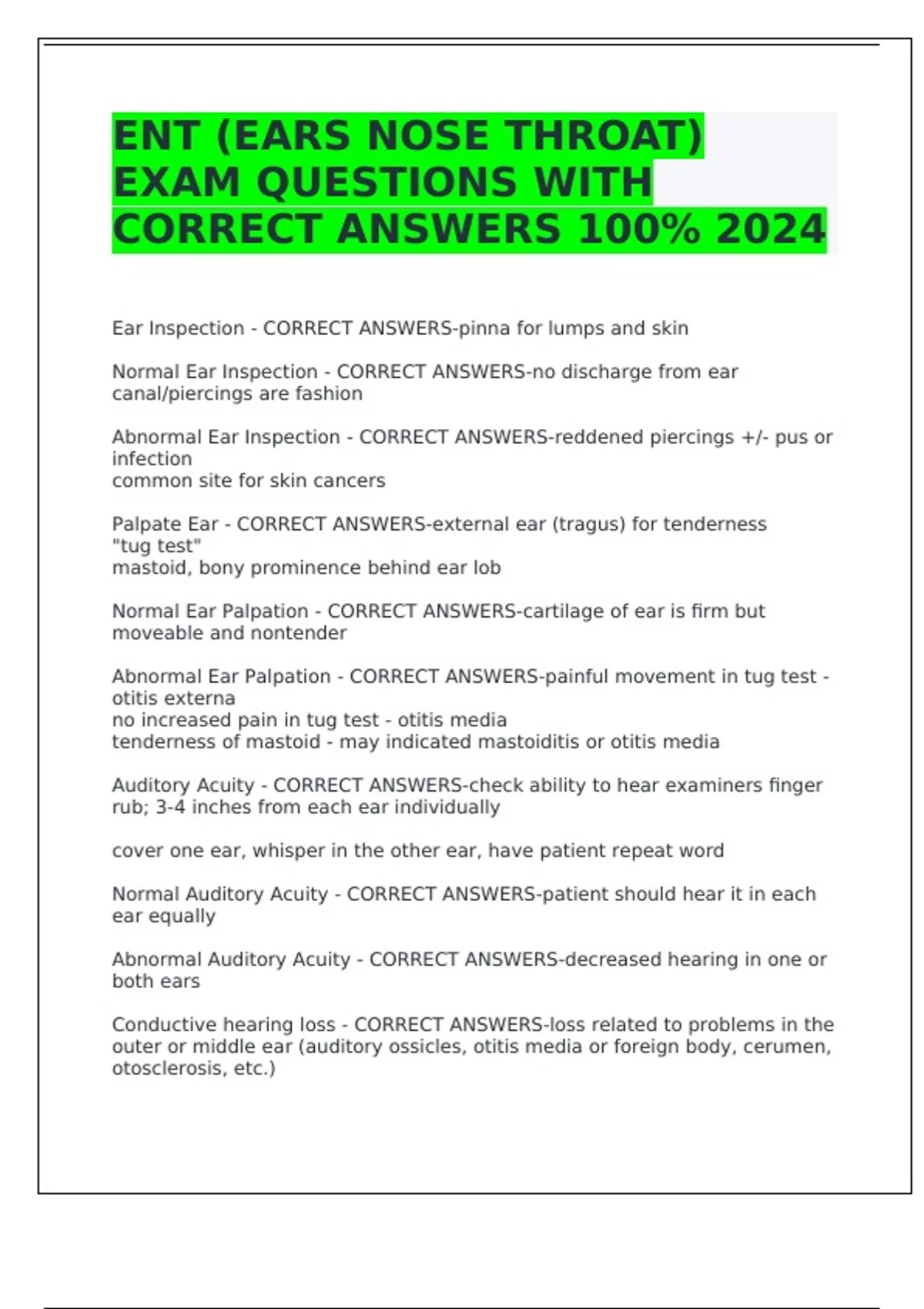 ENT (EARS NOSE THROAT) EXAM QUESTIONS WITH CORRECT ANSWERS 100% 2024 - ENT - Stuvia US