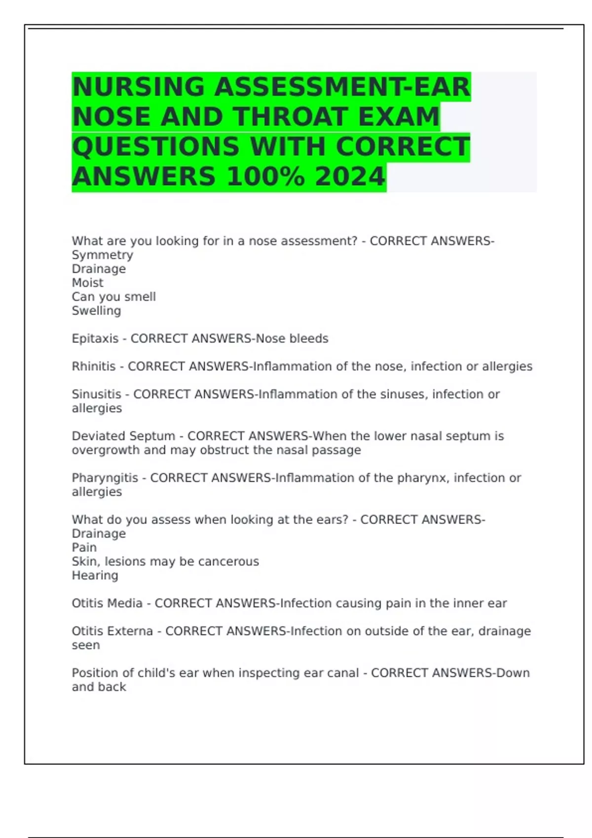 NURSING ASSESSMENT-EAR NOSE AND THROAT EXAM QUESTIONS WITH CORRECT ...