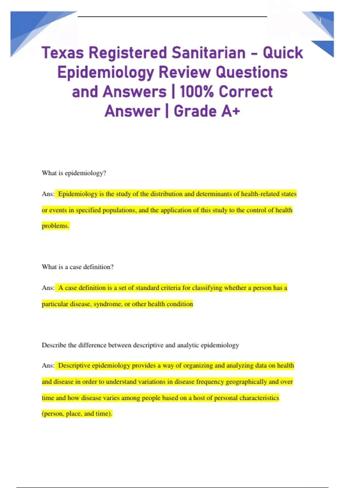 Texas Registered Sanitarian - Quick Epidemiology Review Questions and ...