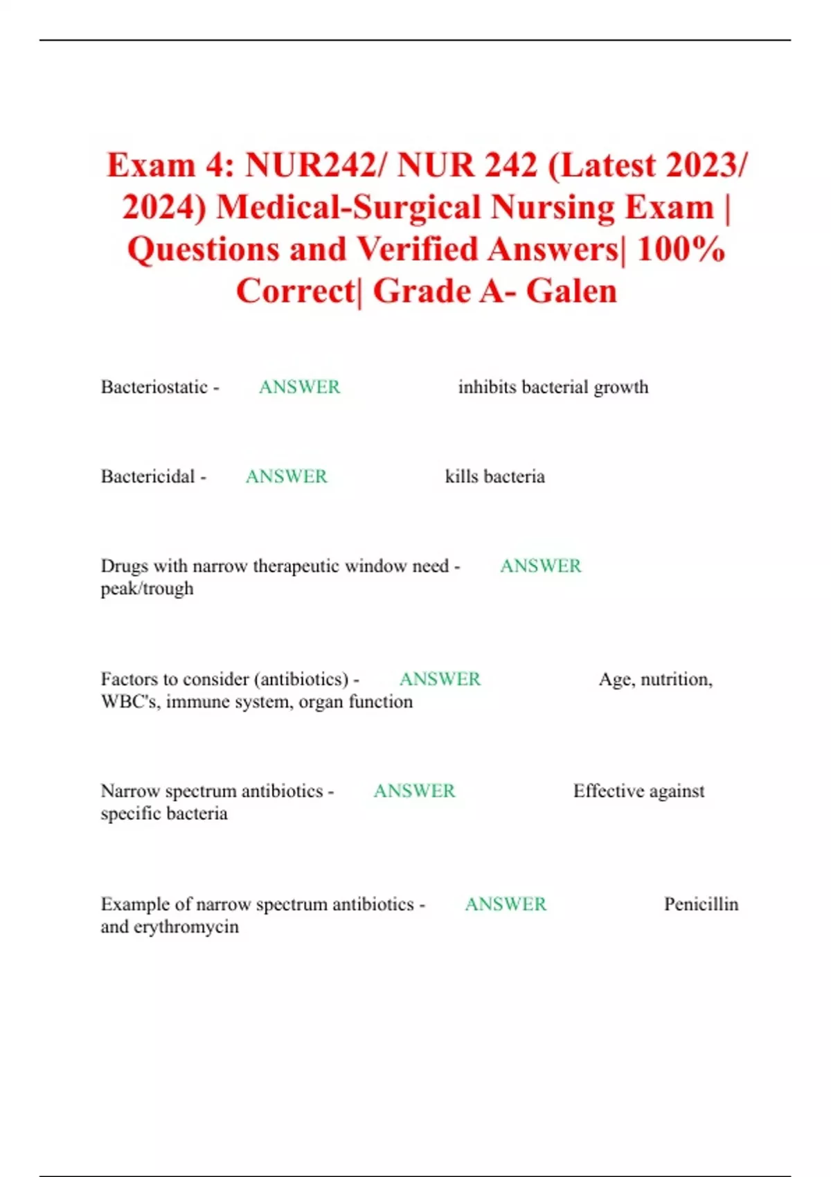 Exam 4: NUR242/ NUR 242 (Latest 2023/ 2024) Medical-Surgical Nursing ...