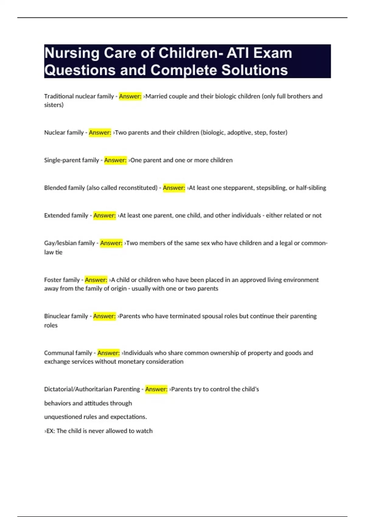 Nursing Care of Children- ATI Exam Questions and Complete Solutions ...