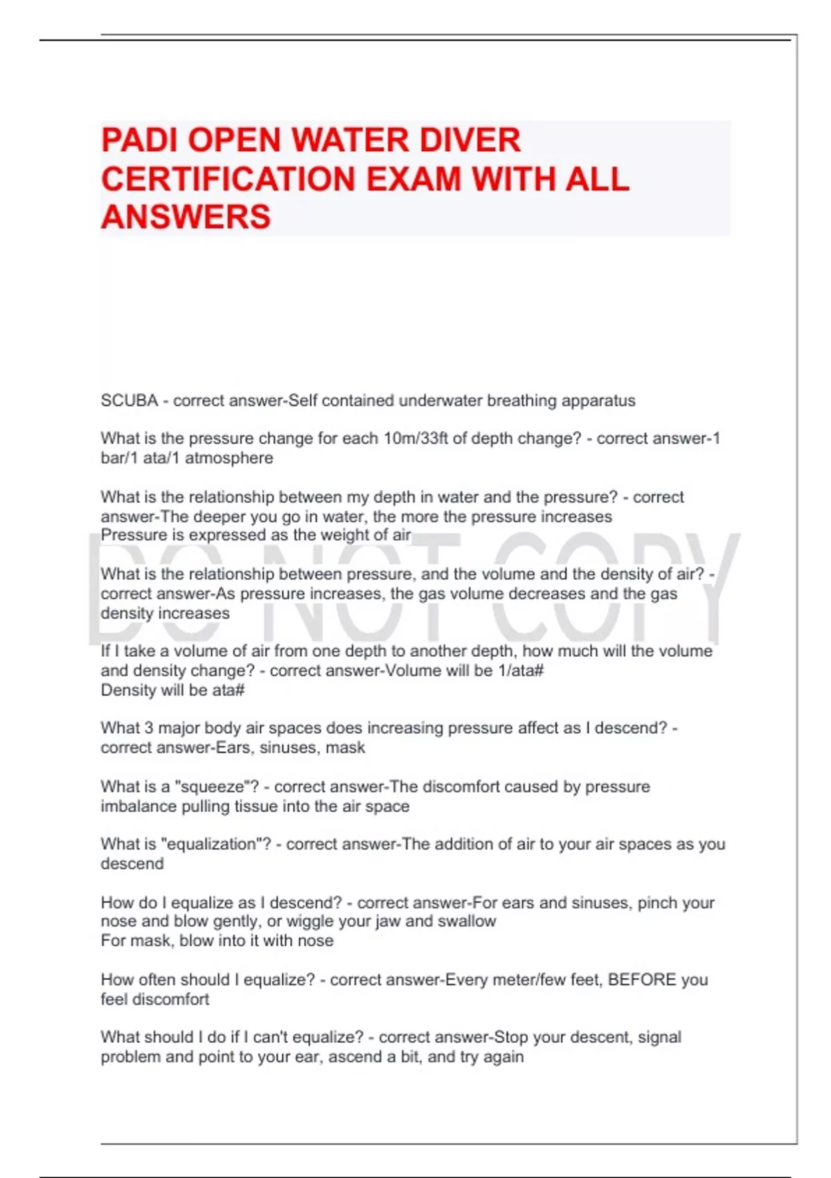 PADI OPEN WATER DIVER CERTIFICATION EXAM WITH ALL ANSWERS - PADI OPEN ...