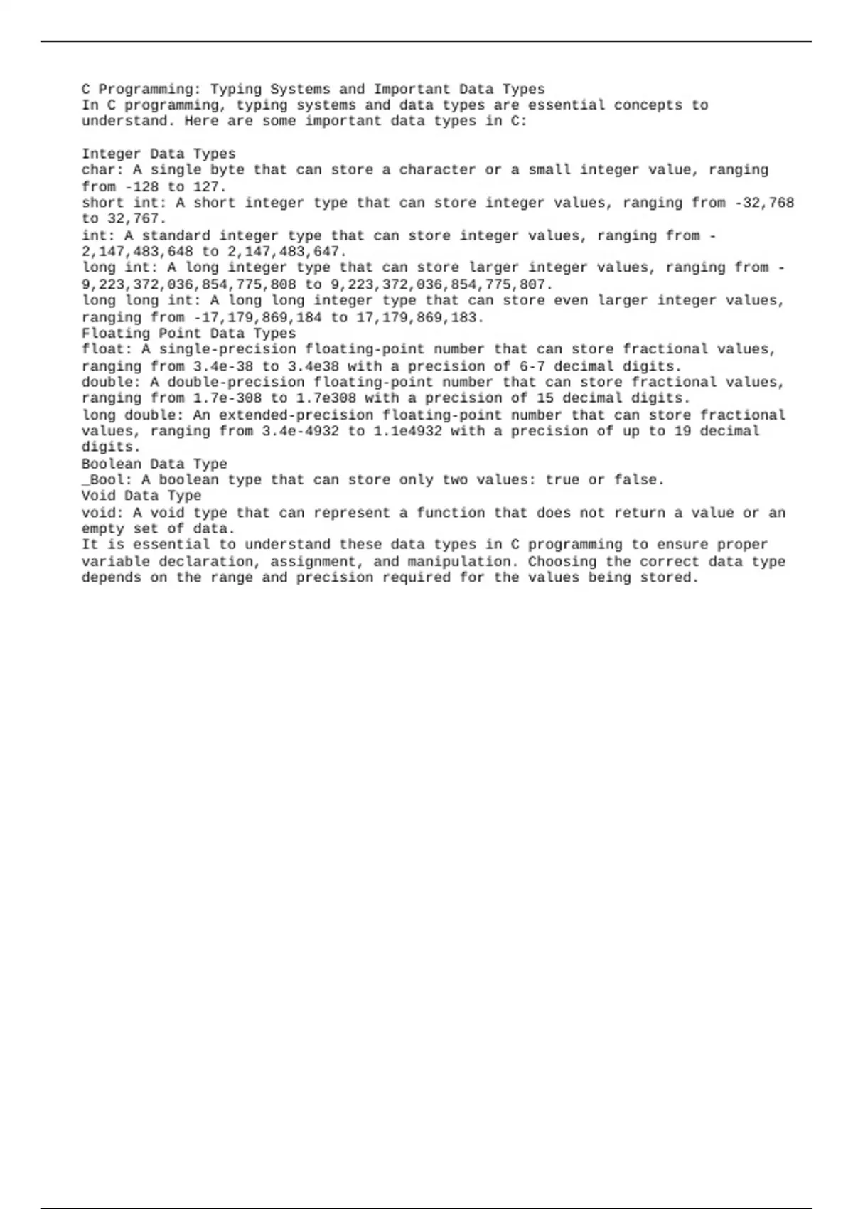 Typing Systems and Important Data Types in C - Cs1002 - Stuvia US