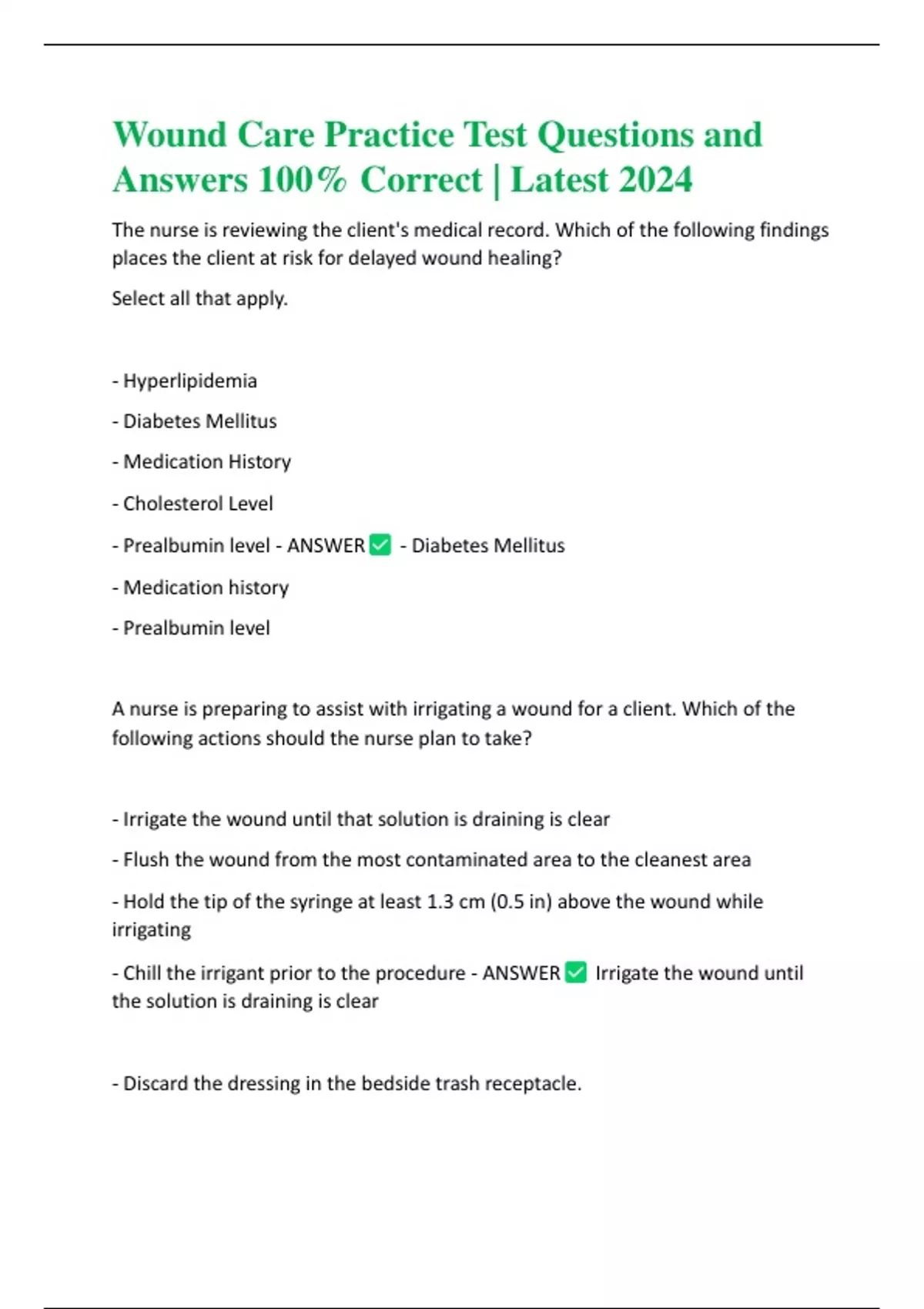 Wound Care Practice Test Questions and Answers 100% Correct | Latest ...