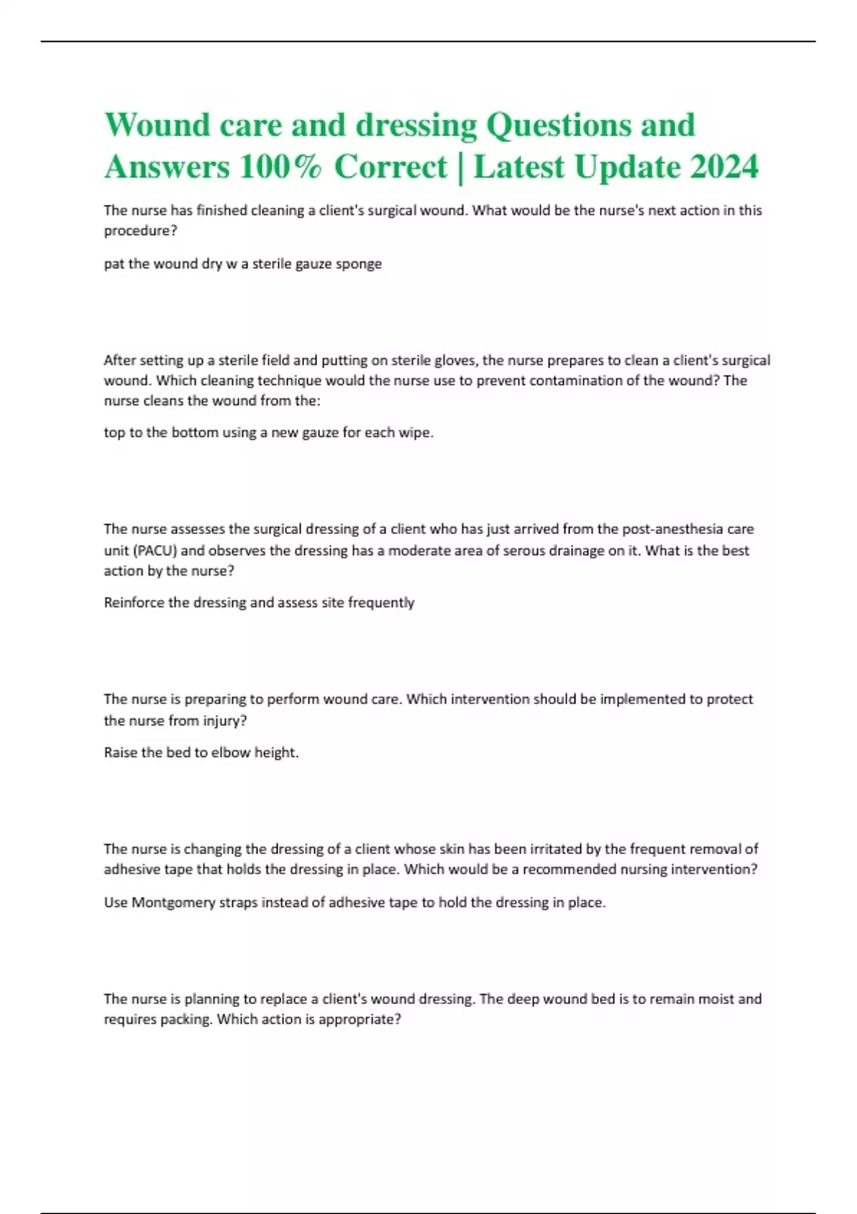 Wound care and dressing Questions and Answers 100% Correct | Latest ...