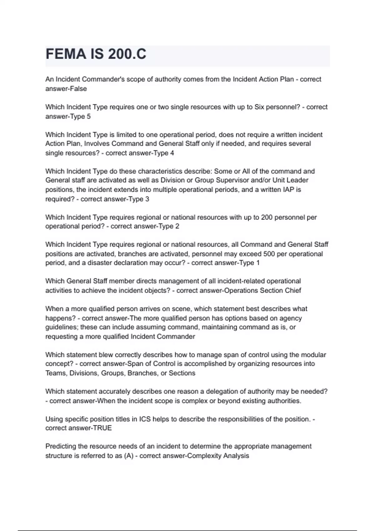 FEMA IS 200.C with Verified correct answers - Fema ISC - Stuvia UK