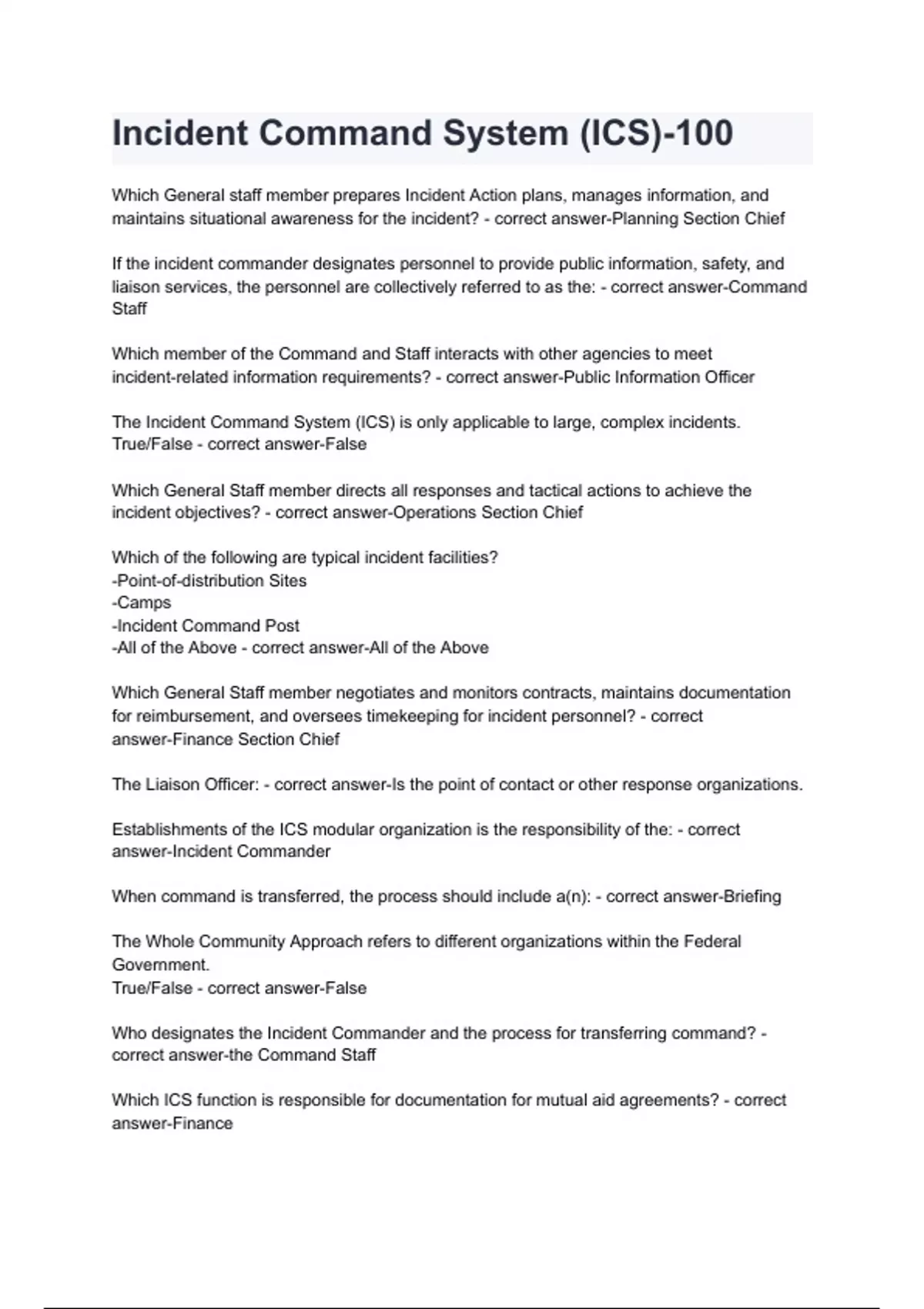 Incident Command System (ICS)-100 Questions with correct answers - ICS - Stuvia UK