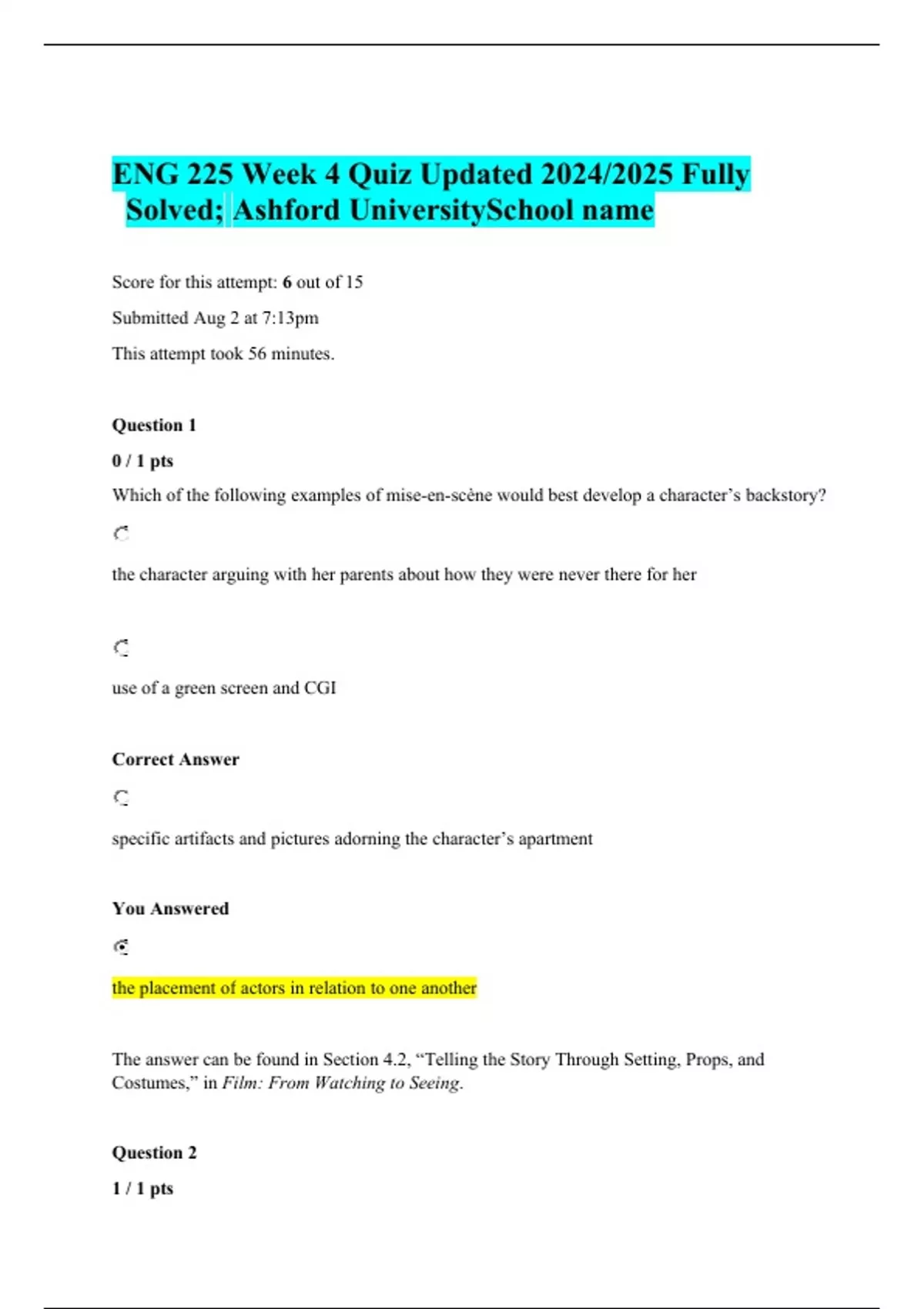 ENG 225 Week 4 Quiz Updated 2024/2025 Fully Solved; Ashford UniversitySchool name - ENG 225 ...