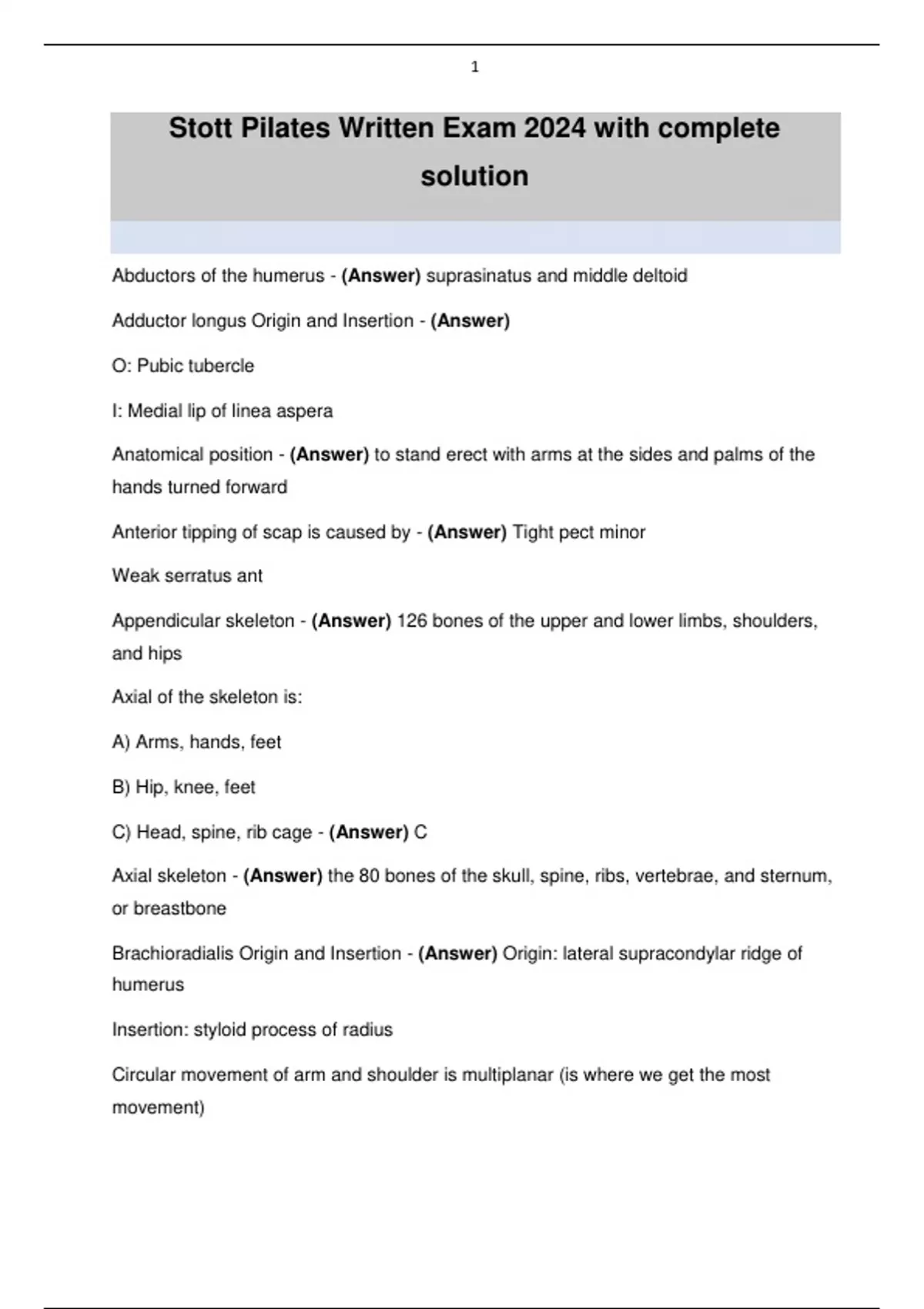 Stott Pilates Written Exam 2024 with complete solution - Stott Pilates ...