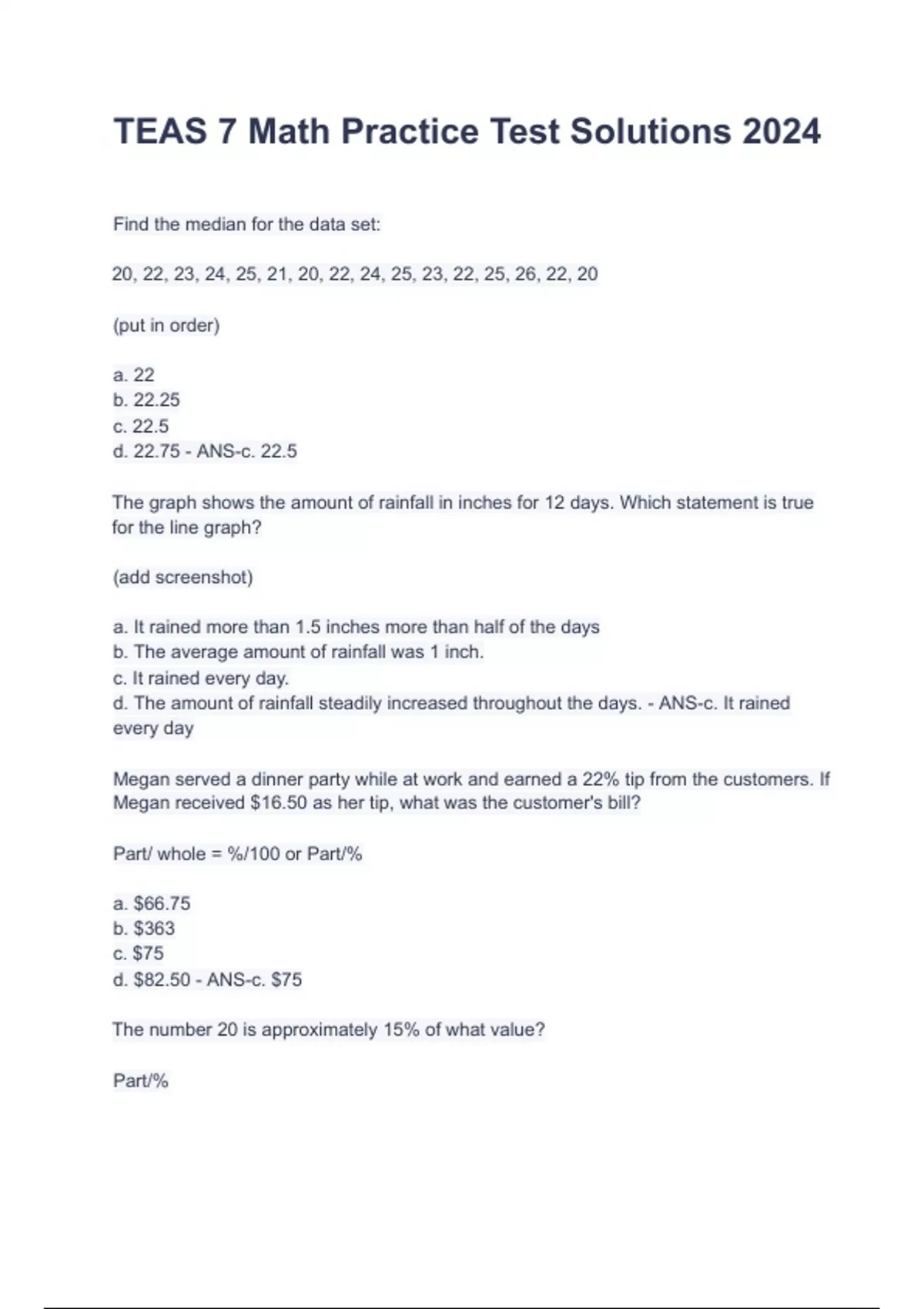 TEAS 7 Math Practice Test Solutions 2024 - Nursing 3100 Exam Questions ...