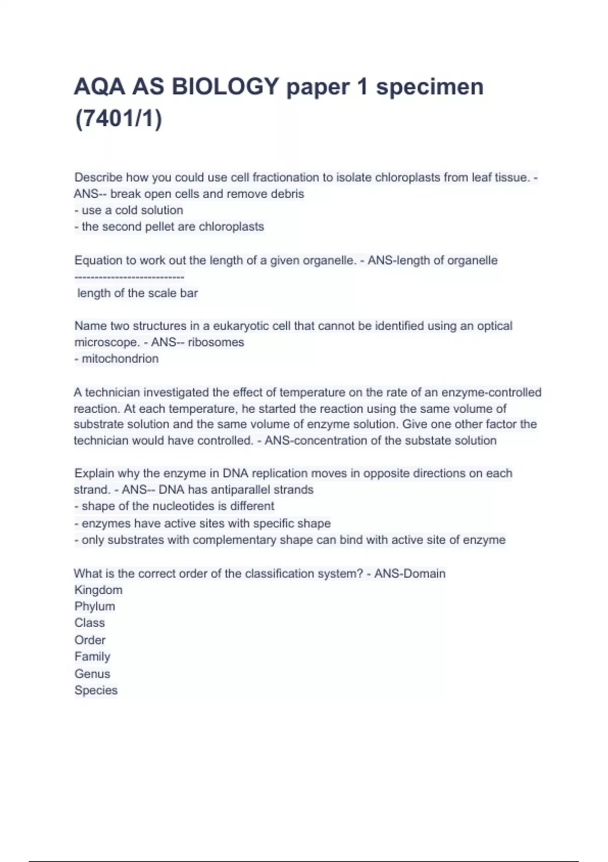 AQA AS BIOLOGY paper 1 specimen (7401_1) - AQA A LEVEL BIOLOGY Paper 2 ...