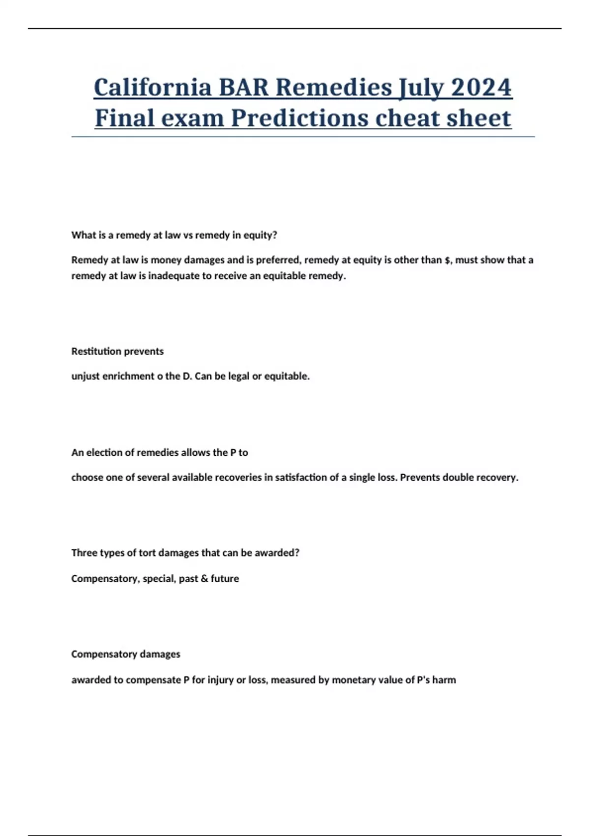 California BAR Remedies July 2024 Final Exam Predictions cheat sheet ...