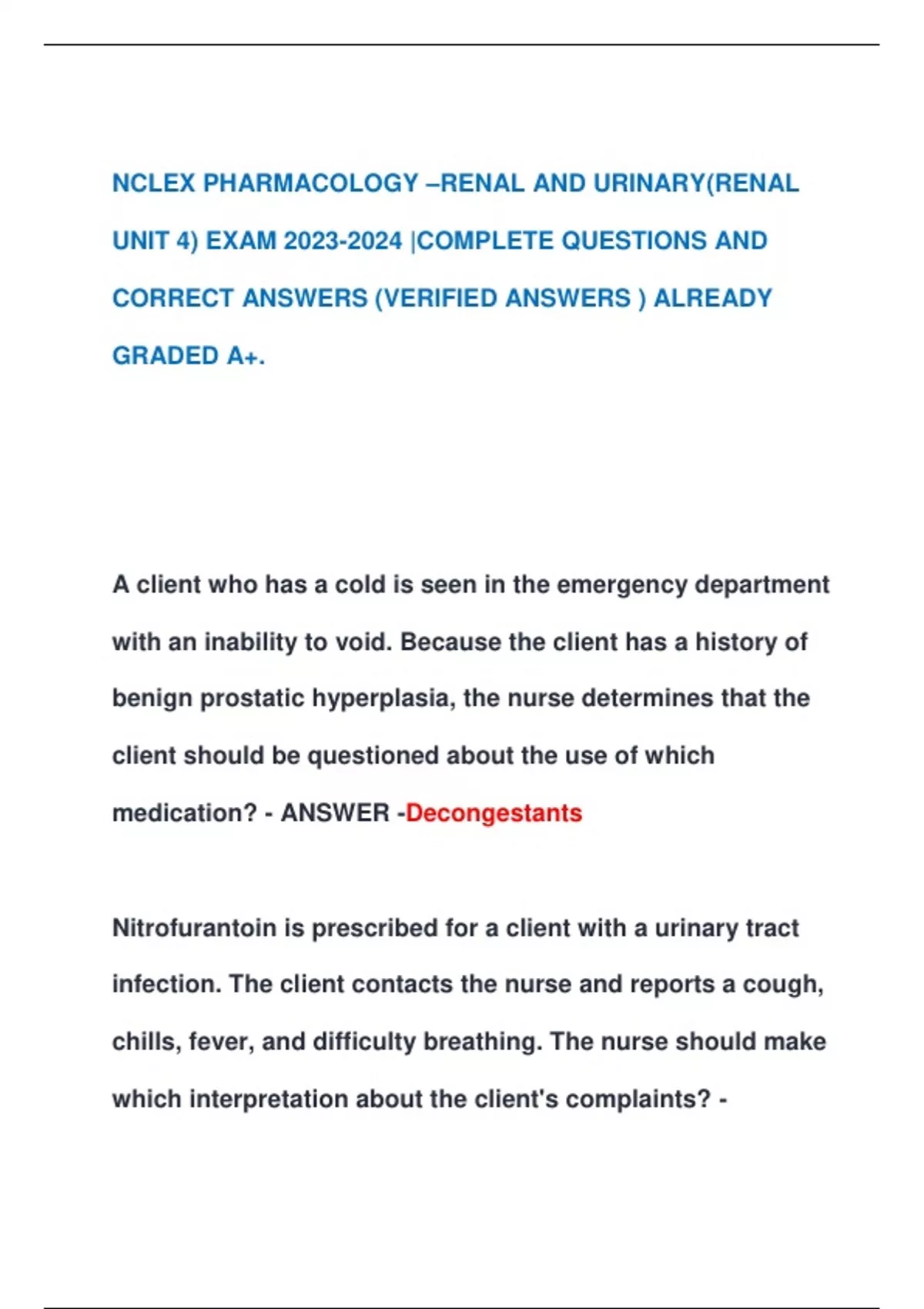 NCLEX PHARMACOLOGY –RENAL AND URINARY(RENAL UNIT 4) EXAM |COMPLETE ...