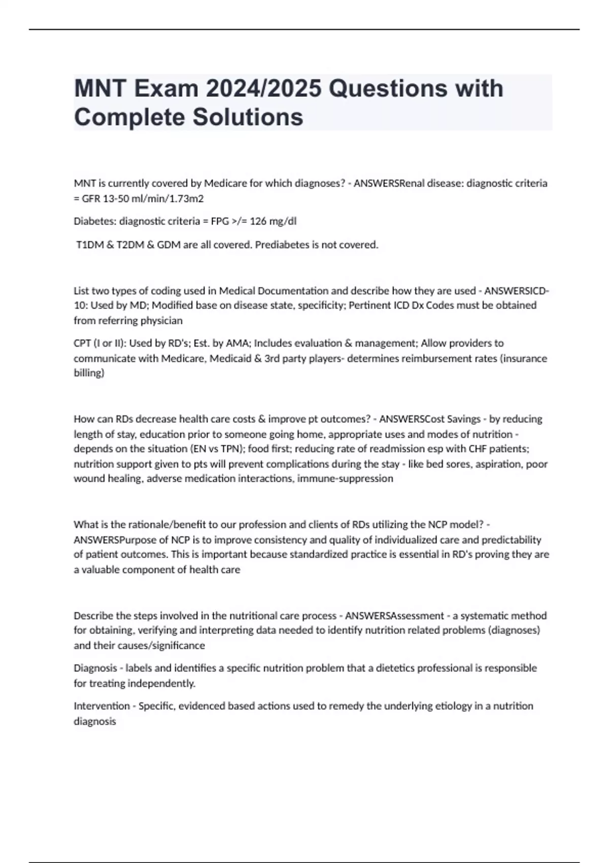 MNT Exam 2024/2025 Questions with Complete Solutions - MNT - Stuvia US