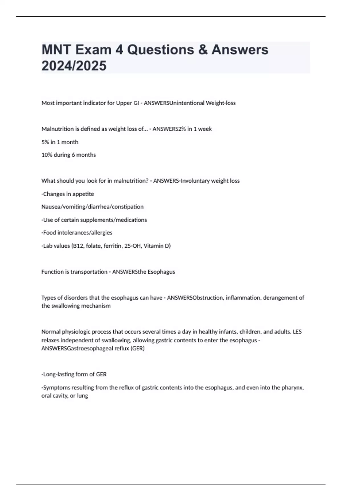 MNT Exam 4 Questions & Answers 2024/2025 - MNT - Stuvia US