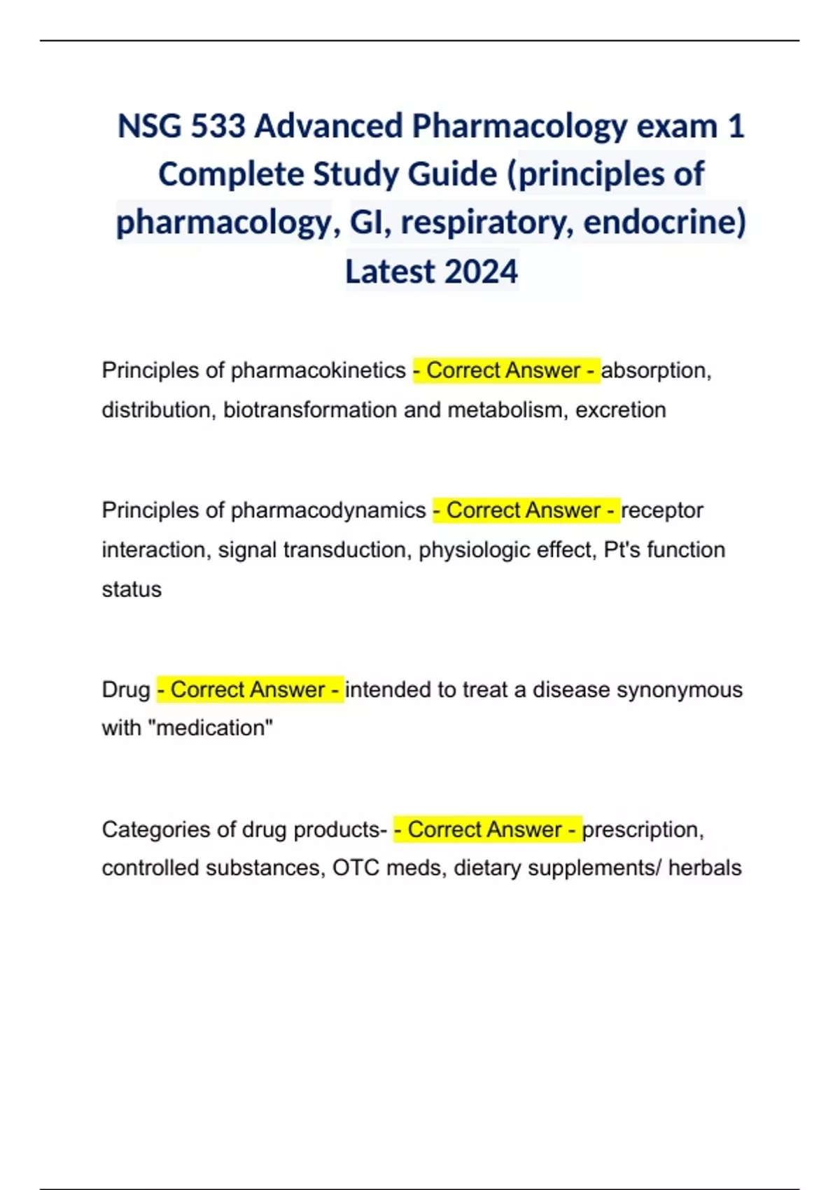 NSG 533 Advanced Pharmacology exam 1 Complete Study Guide (principles ...
