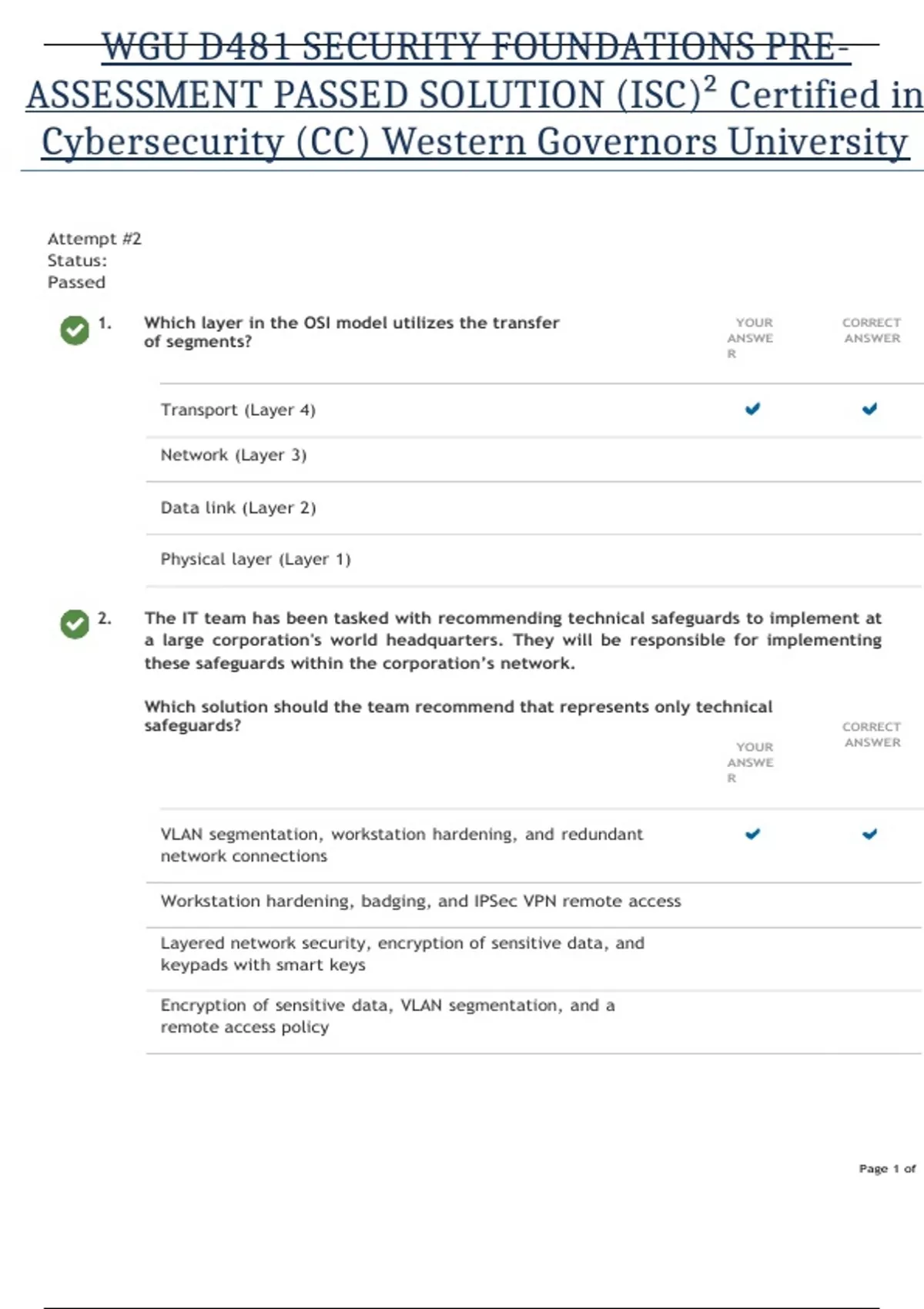 WGU D481 SECURITY FOUNDATIONS PRE-ASSESSMENT PASSED SOLUTION (ISC)² ...