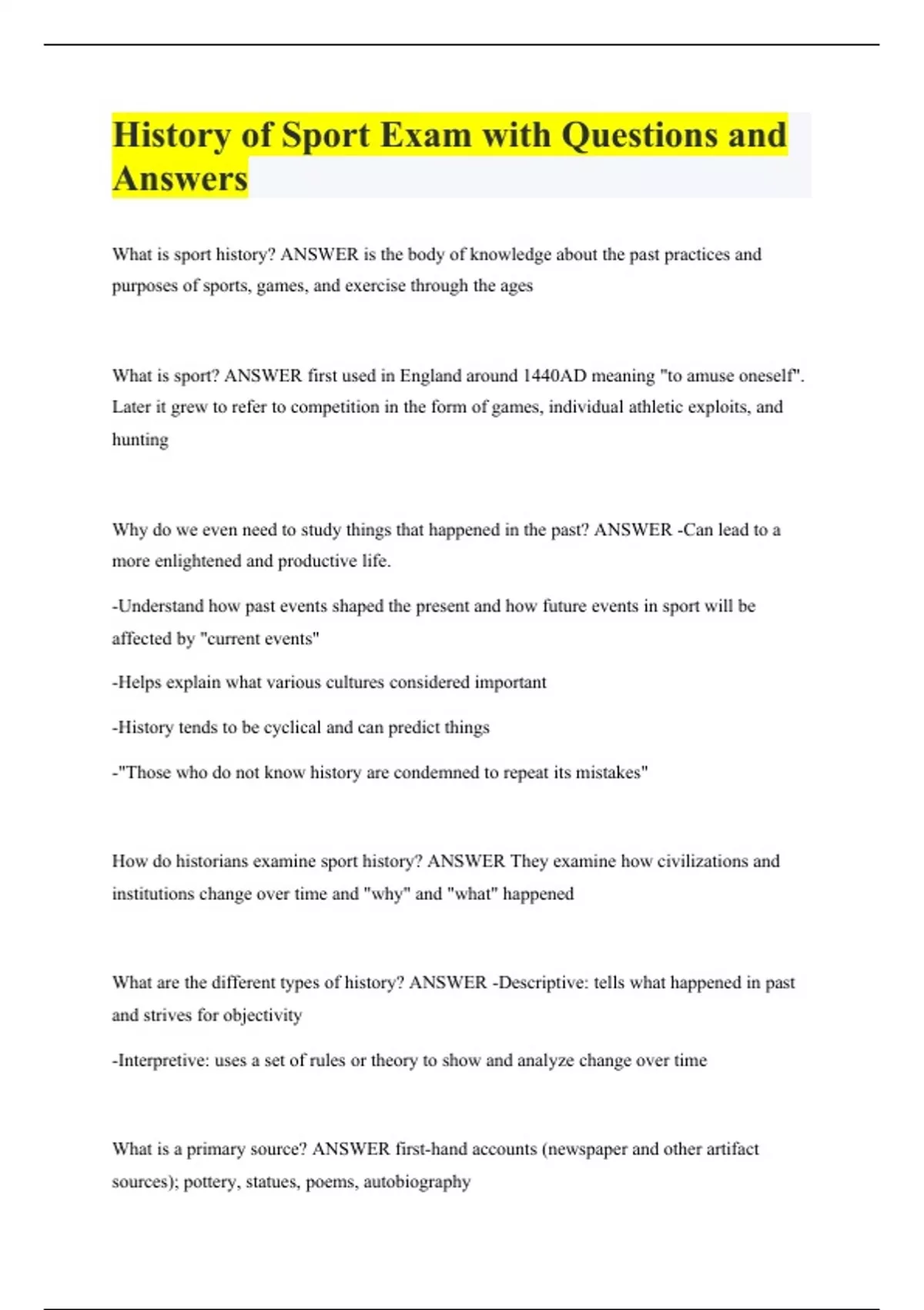 History of Sport Exam with Questions and Answers - History of Sport ...
