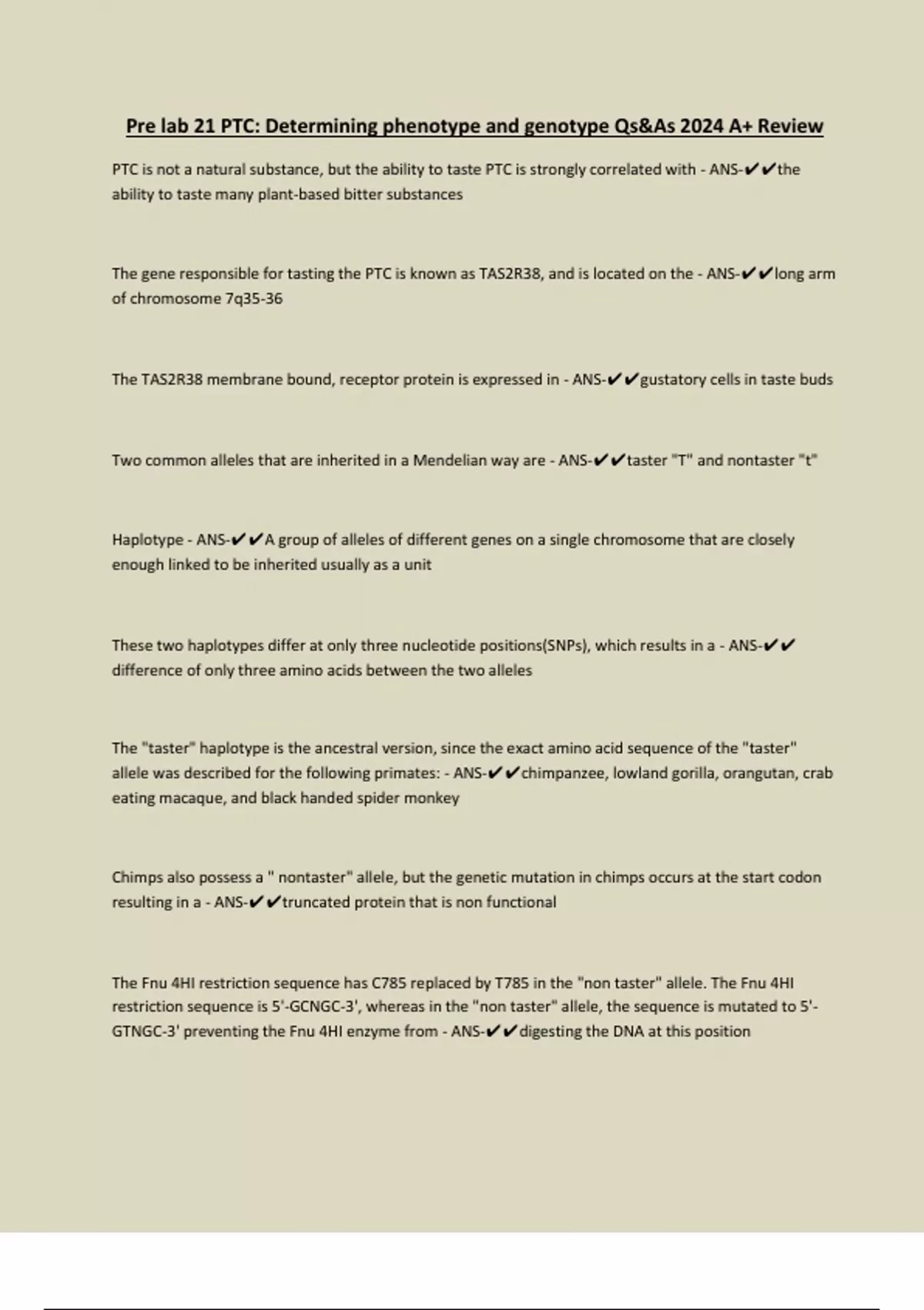 Pre lab 21 PTC: Determining phenotype and genotype Qs&As 2024 A+ Review ...