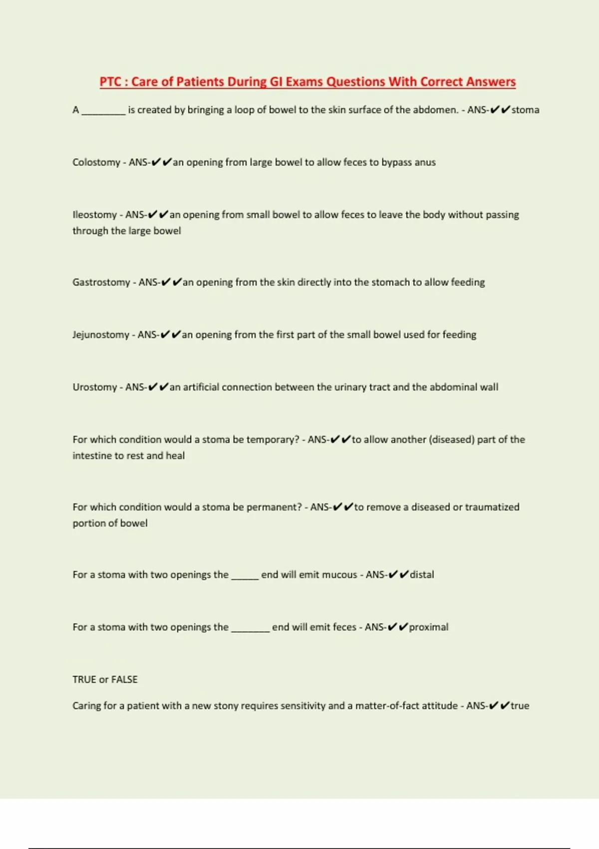 PTC : Care of Patients During GI Exams Questions With Correct Answers ...