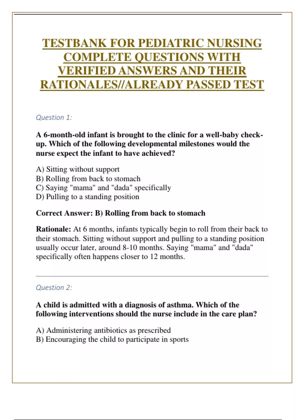 TESTBANK FOR PEDIATRIC NURSING COMPLETE QUESTIONS WITH VERIFIED ANSWERS ...