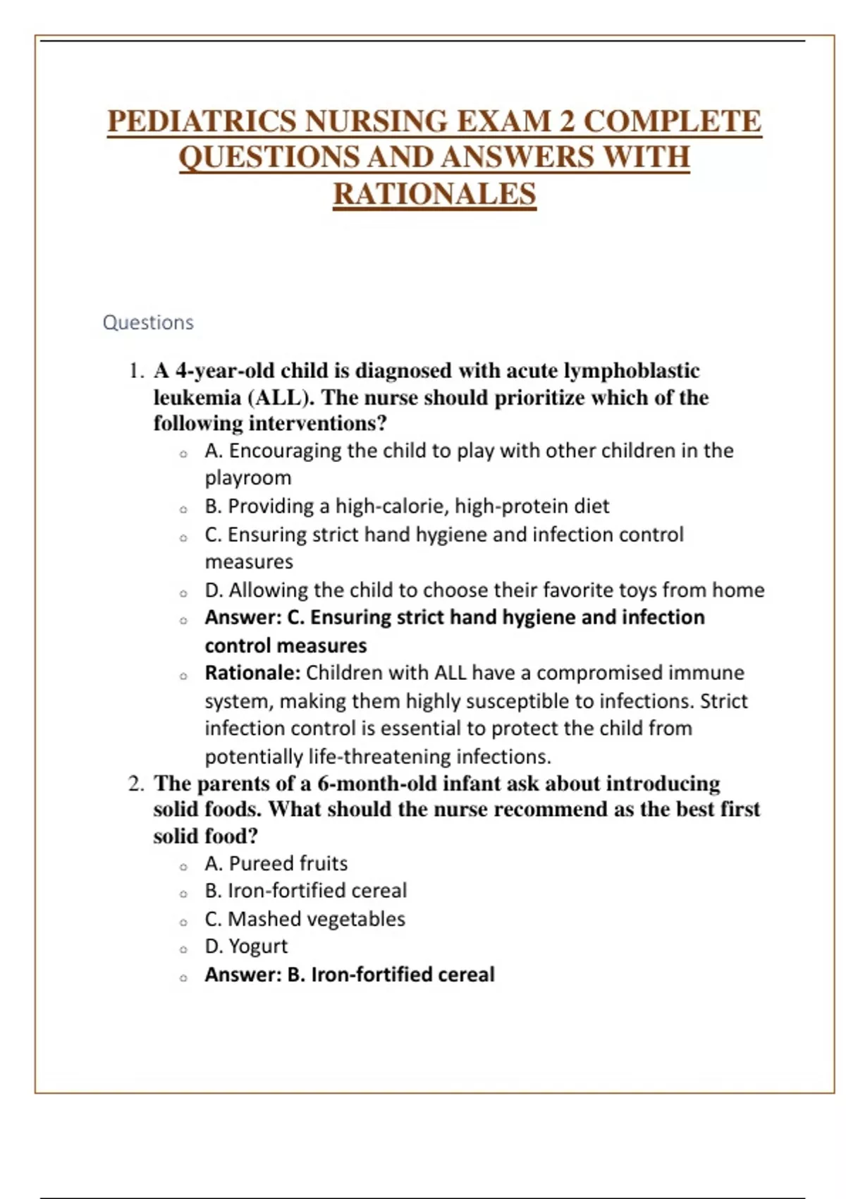 PEDIATRICS NURSING EXAM 2 COMPLETE QUESTIONS AND ANSWERS WITH ...