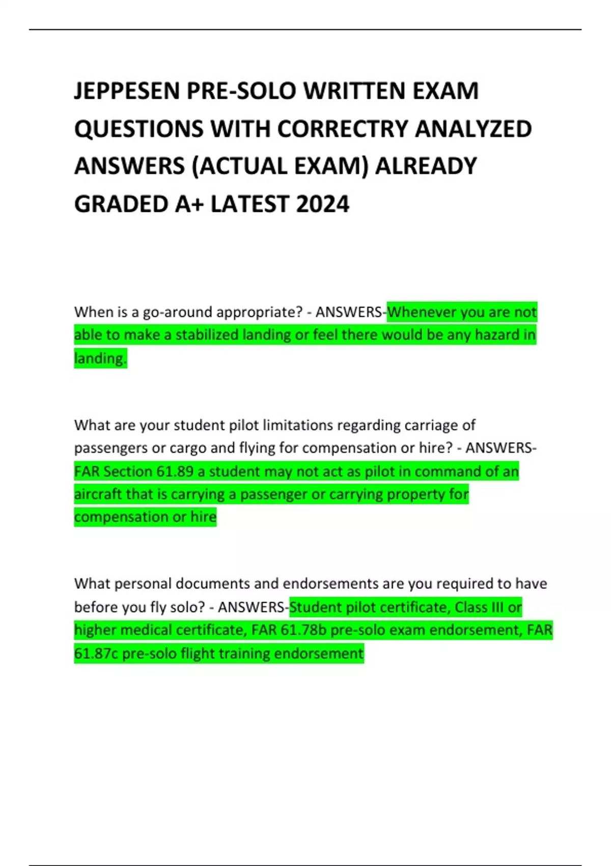 JEPPESEN PRE-SOLO WRITTEN EXAM QUESTIONS WITH CORRECTRY ANALYZED ...