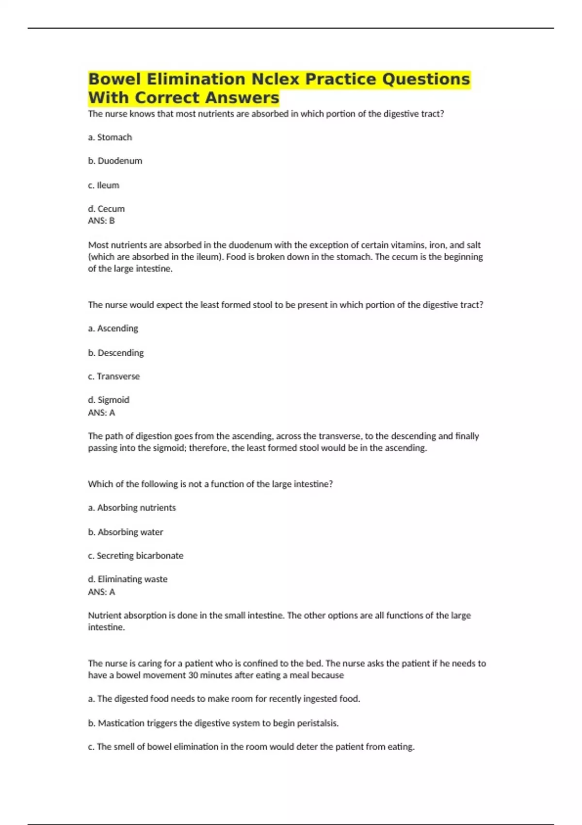 Bowel Elimination Nclex Practice Questions With Correct Answers - Bowel ...