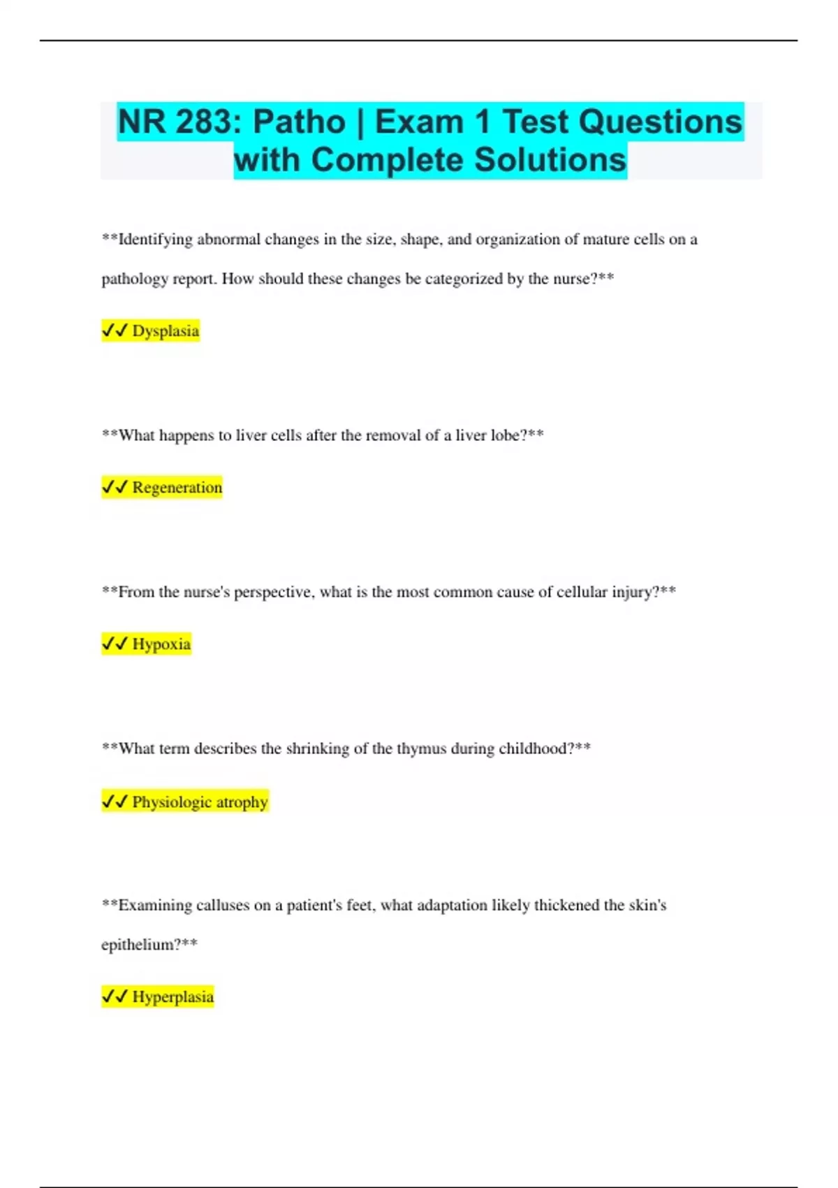 NR 283: Patho | Exam 1 Test Questions with Complete Solutions - NR 283 ...