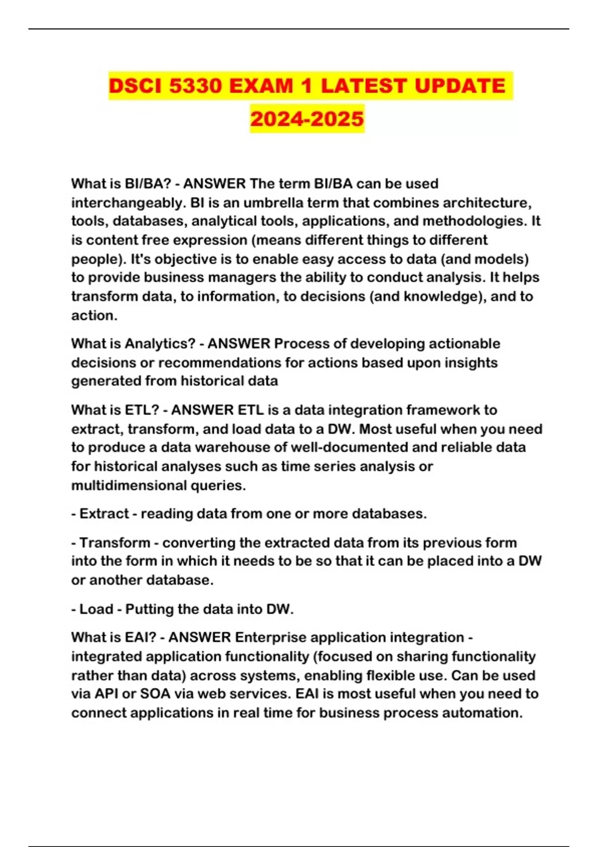DSCI 5330 EXAM 1 LATEST UPDATE - DSCI 5330 - Stuvia US