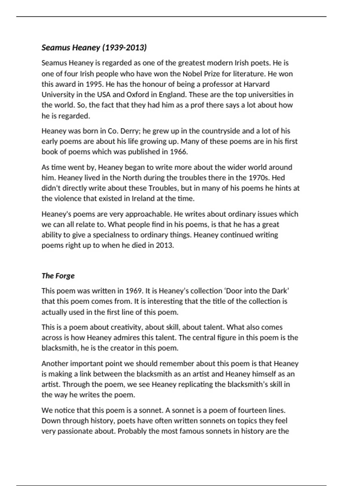 An analysis of Seamus Heaney's Poems - English - Stuvia US