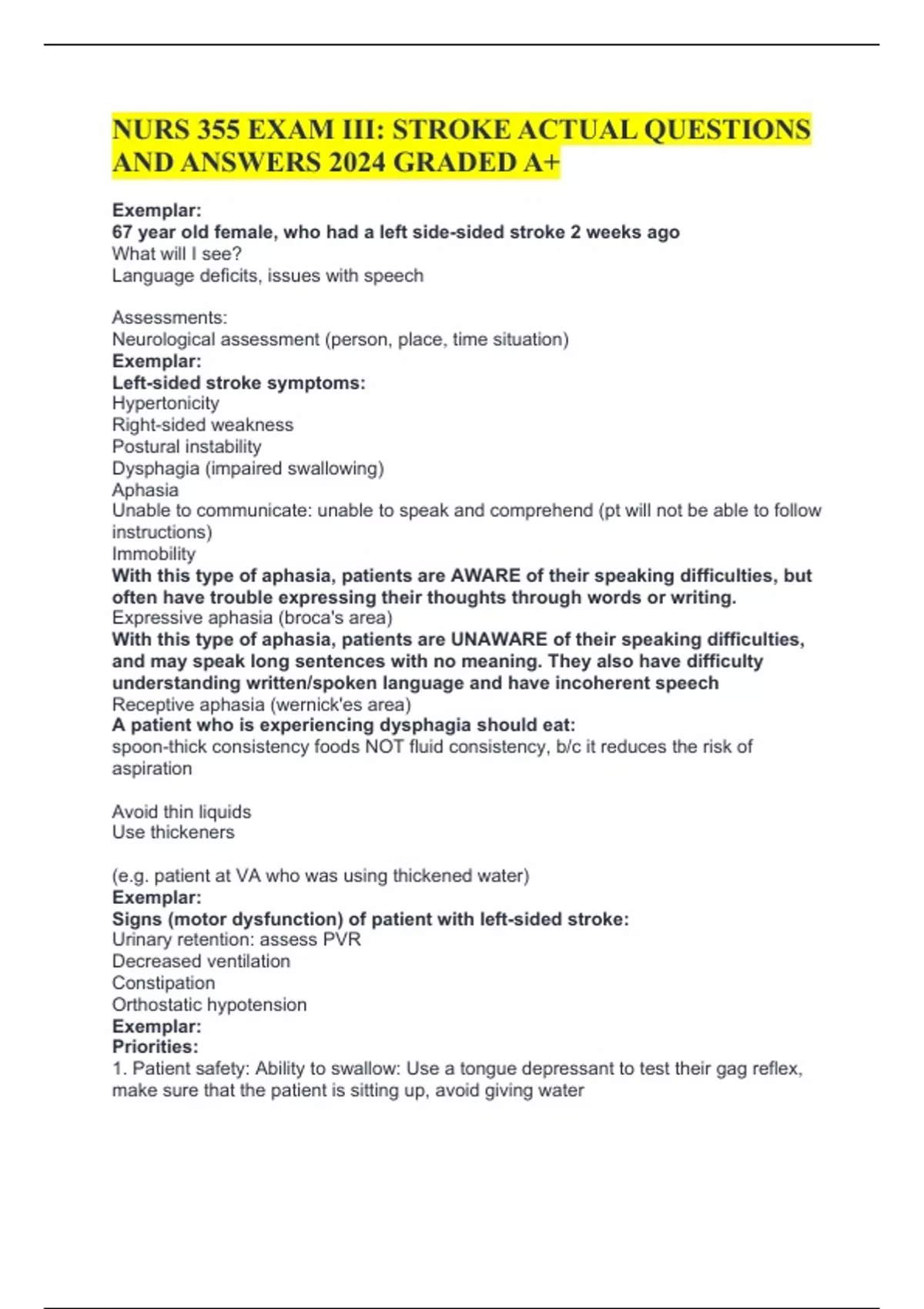 NURS 355 EXAM III: STROKE ACTUAL QUESTIONS AND ANSWERS 2024 GRADED A+ ...