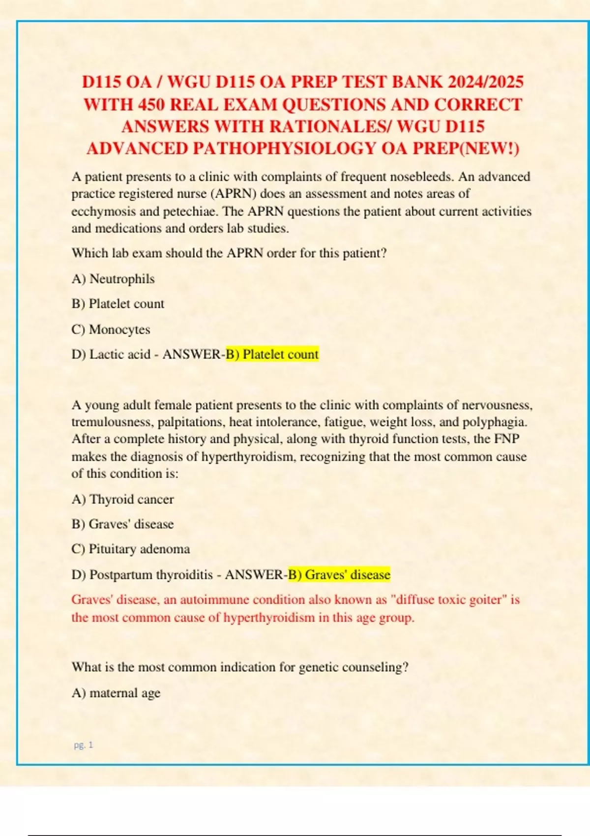 D115 OA / WGU D115 OA PREP TEST BANK 2024/2025 WITH 450 REAL EXAM ...